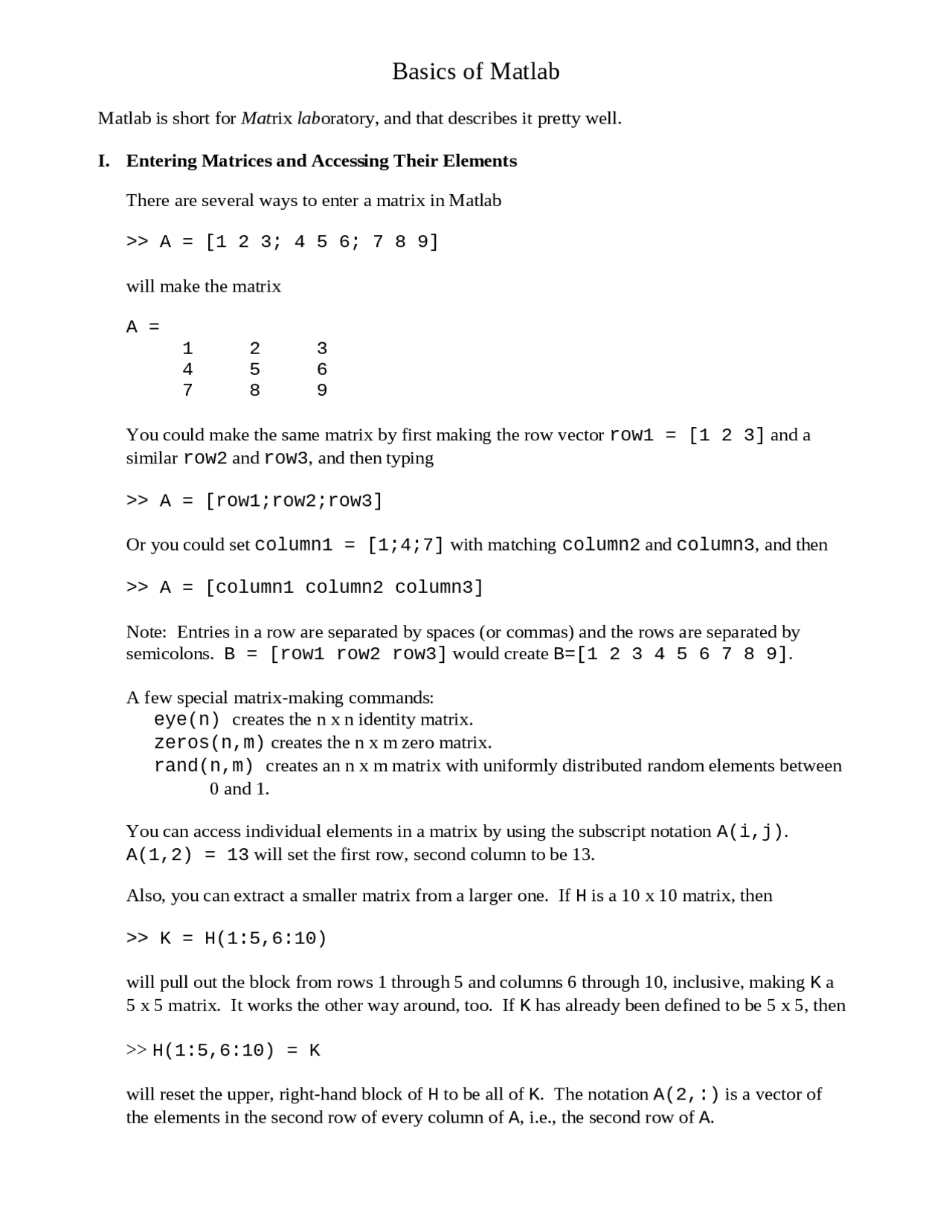 Lecture Notes In Basics Of Matlab Numerical Linear Algebra Math 526