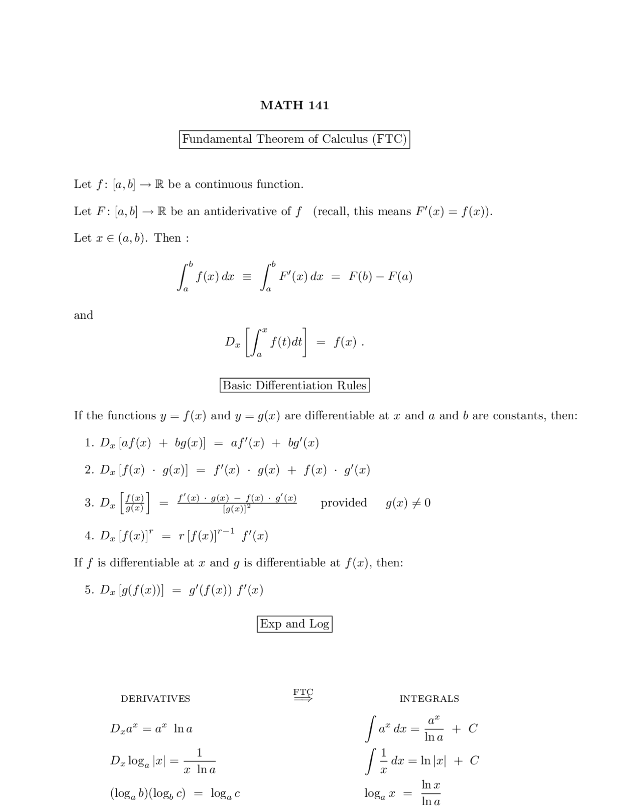 Notes on Fundamental Theorem of Calculus | MATH 141 - Docsity
