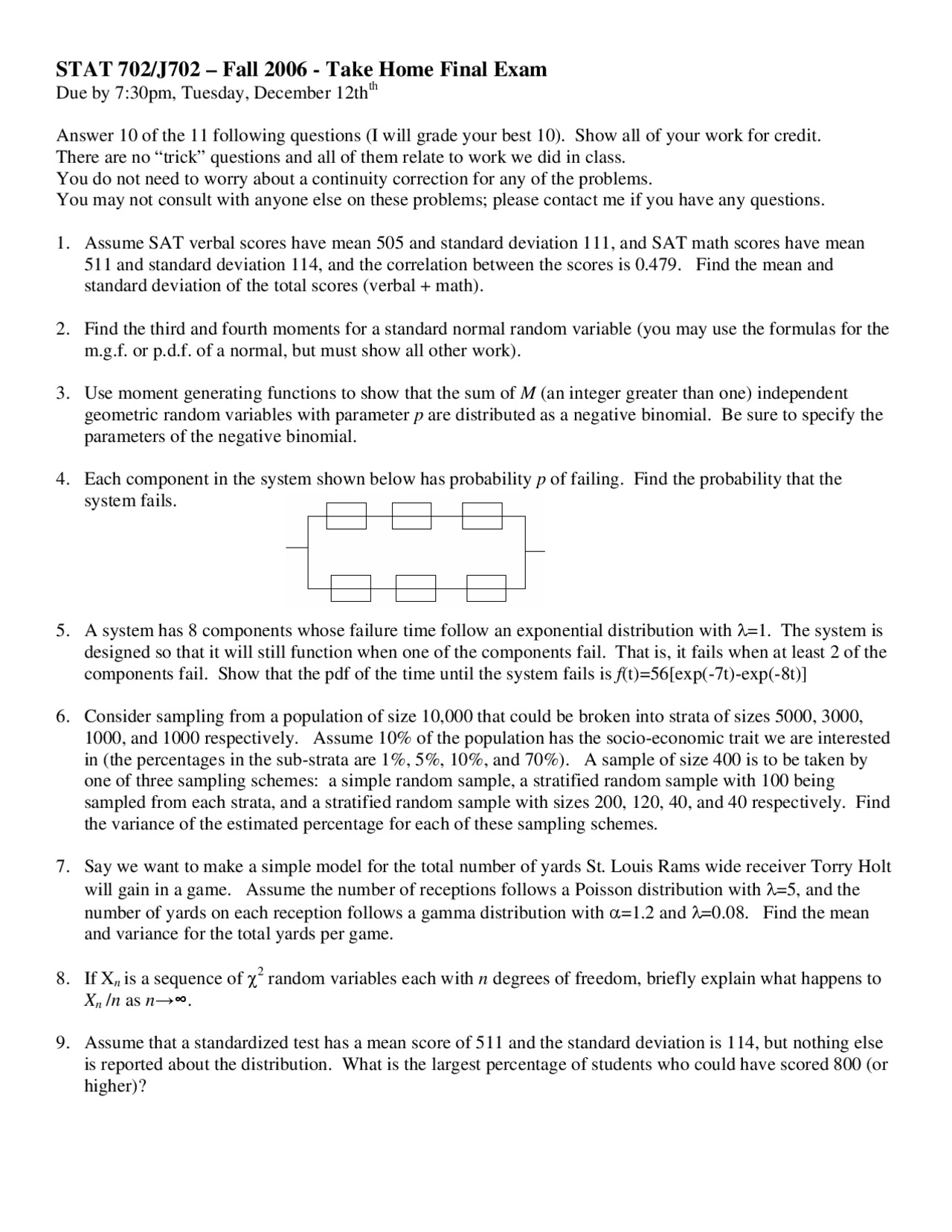 11 Questions in Final Exam - Introduction to Statistics Theory I | STAT 702 - Docsity