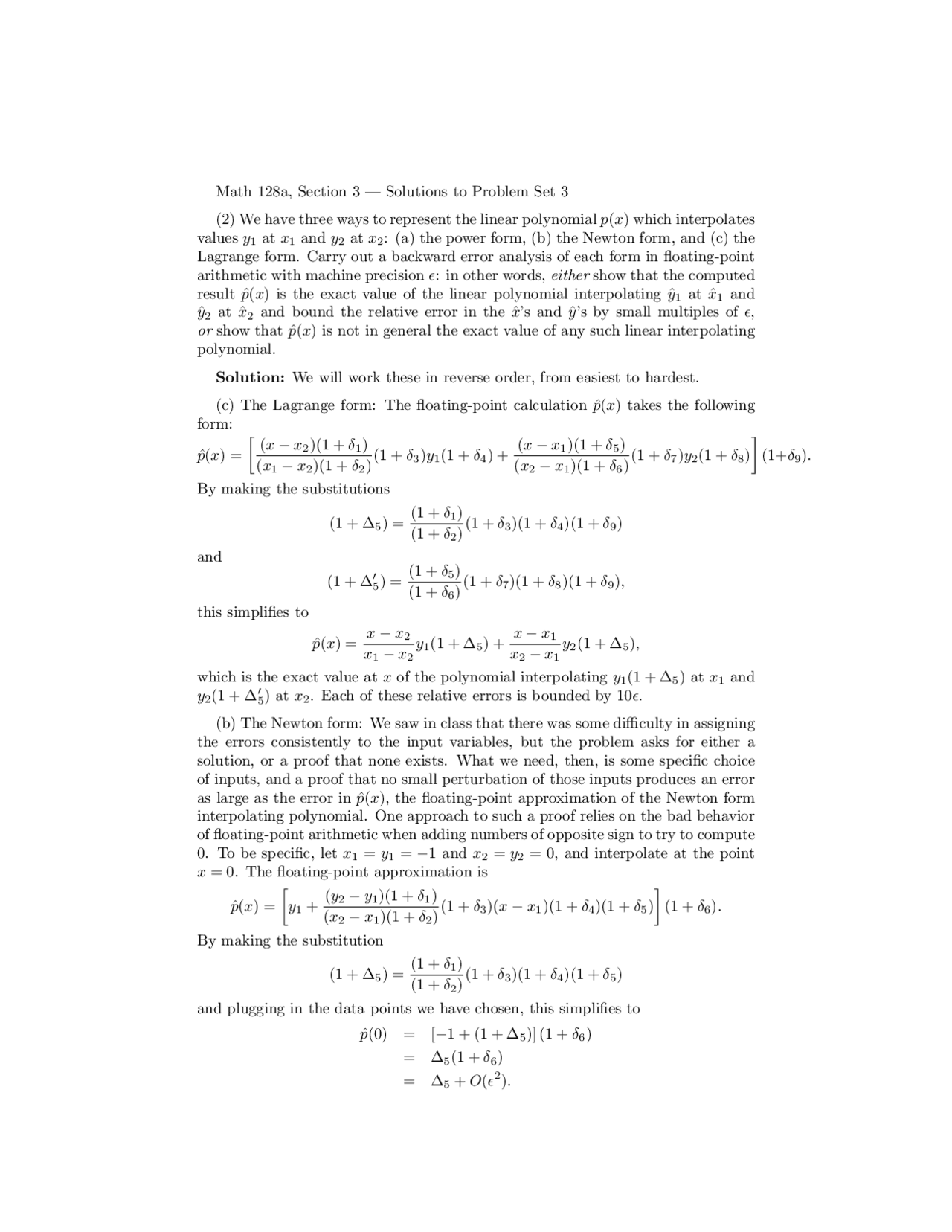 Solutions To Problem Set 3 Numerical Analysis Math 128a