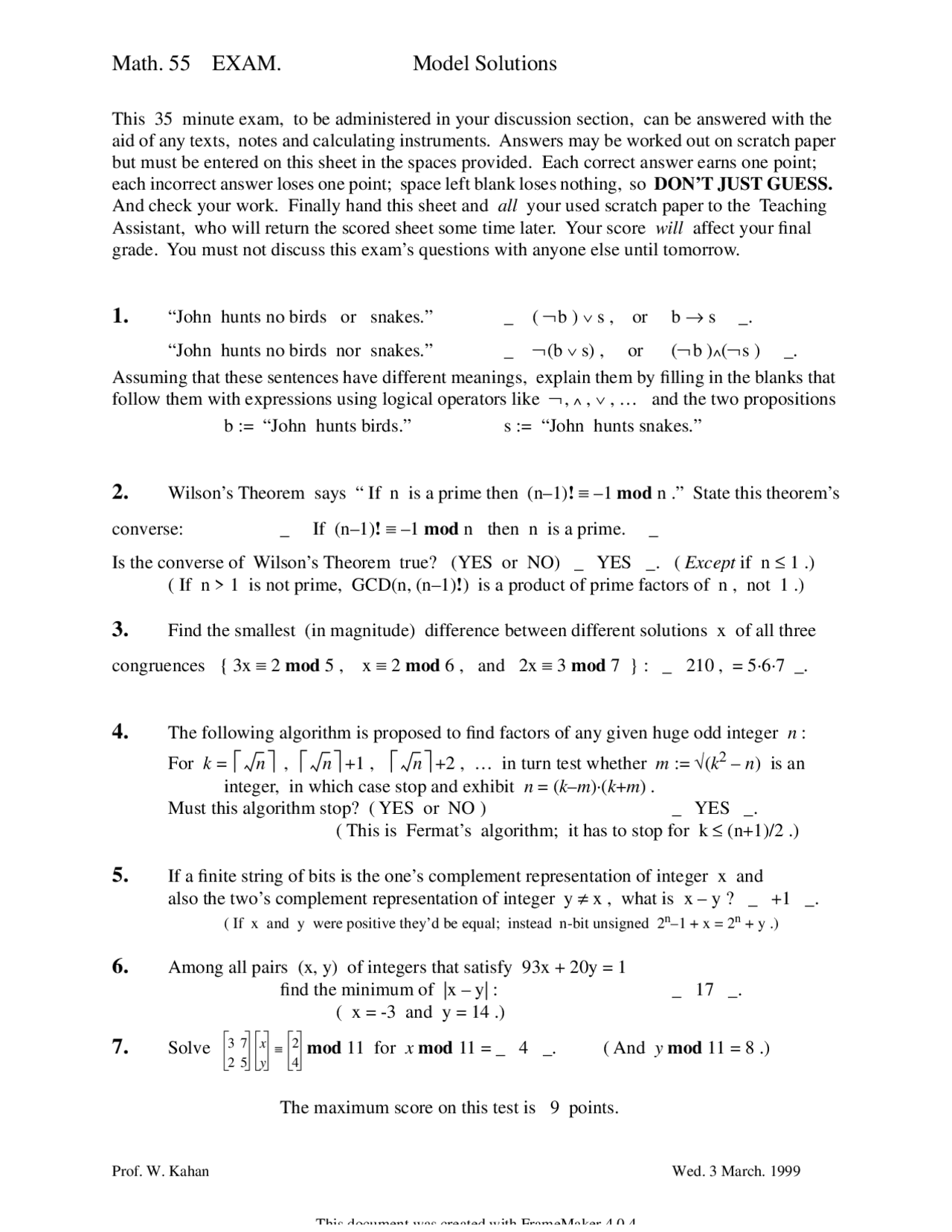 Model Solutions For Practice Exam Discrete Mathematics Math 055