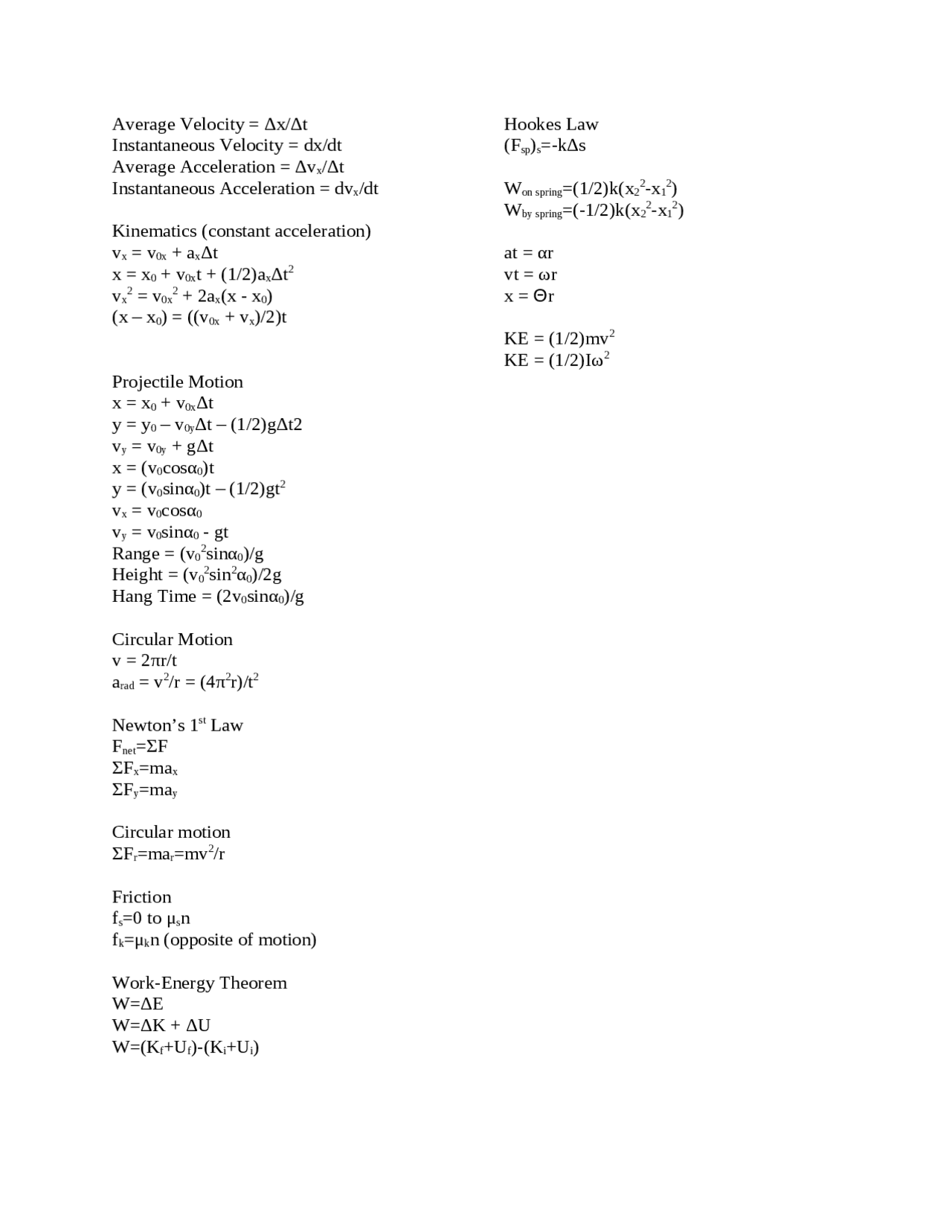 Foundations Of Physics I Useful Formulas Sheet Phys 2305 Docsity