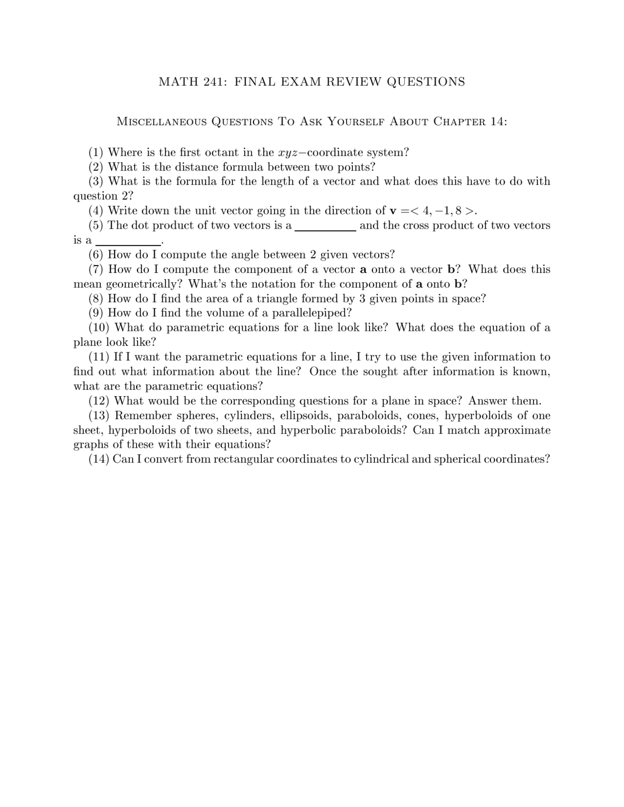 45 Problems On The Coordinate System In Vector Calculus Final Exam