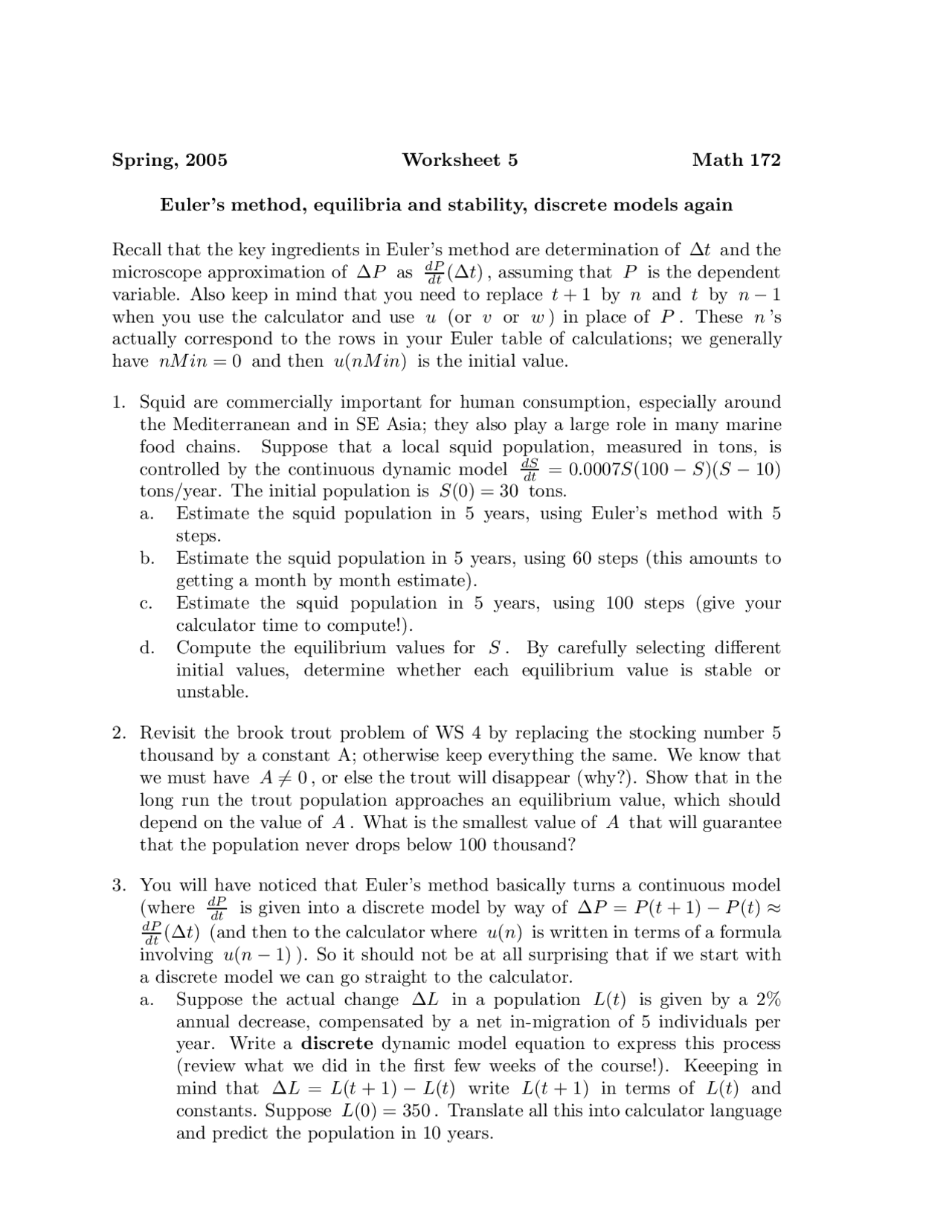 Euler's Methods, Equilibrium Methods and Stability - Worksheet 5 | MATH ...