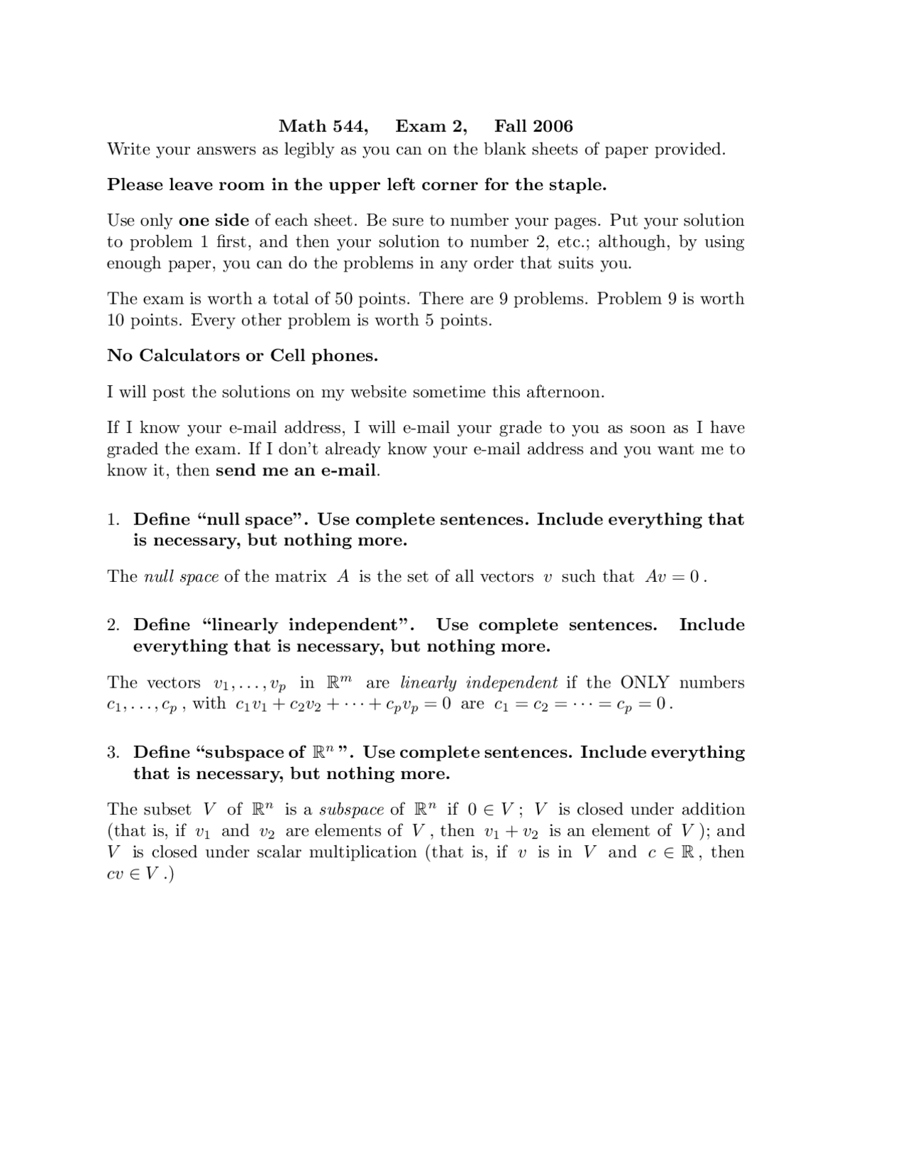 Linear Algebra Exam 2 Problems With Solutions Math 544 Docsity