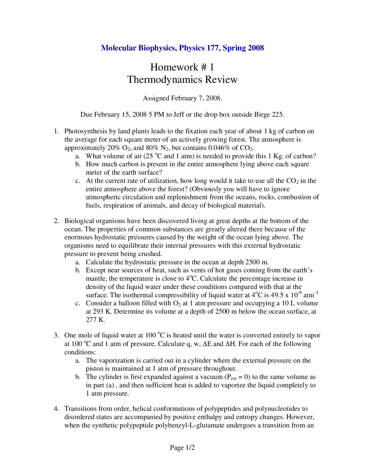 Thermodynamics Review - Molecular Biophysics - Homework 1 | PHYSICS 177 ...