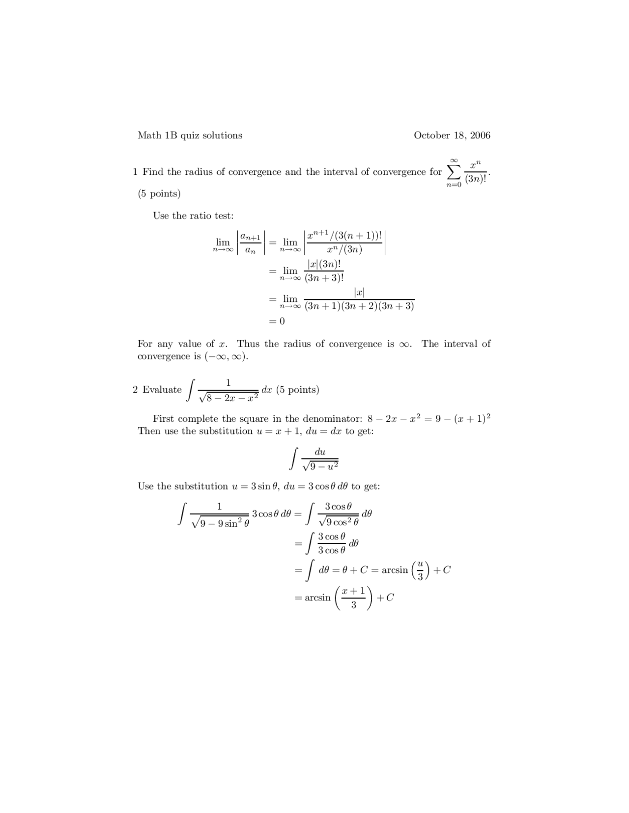 Quiz With Solutions Calculus Fall 2008 Math 1b Docsity