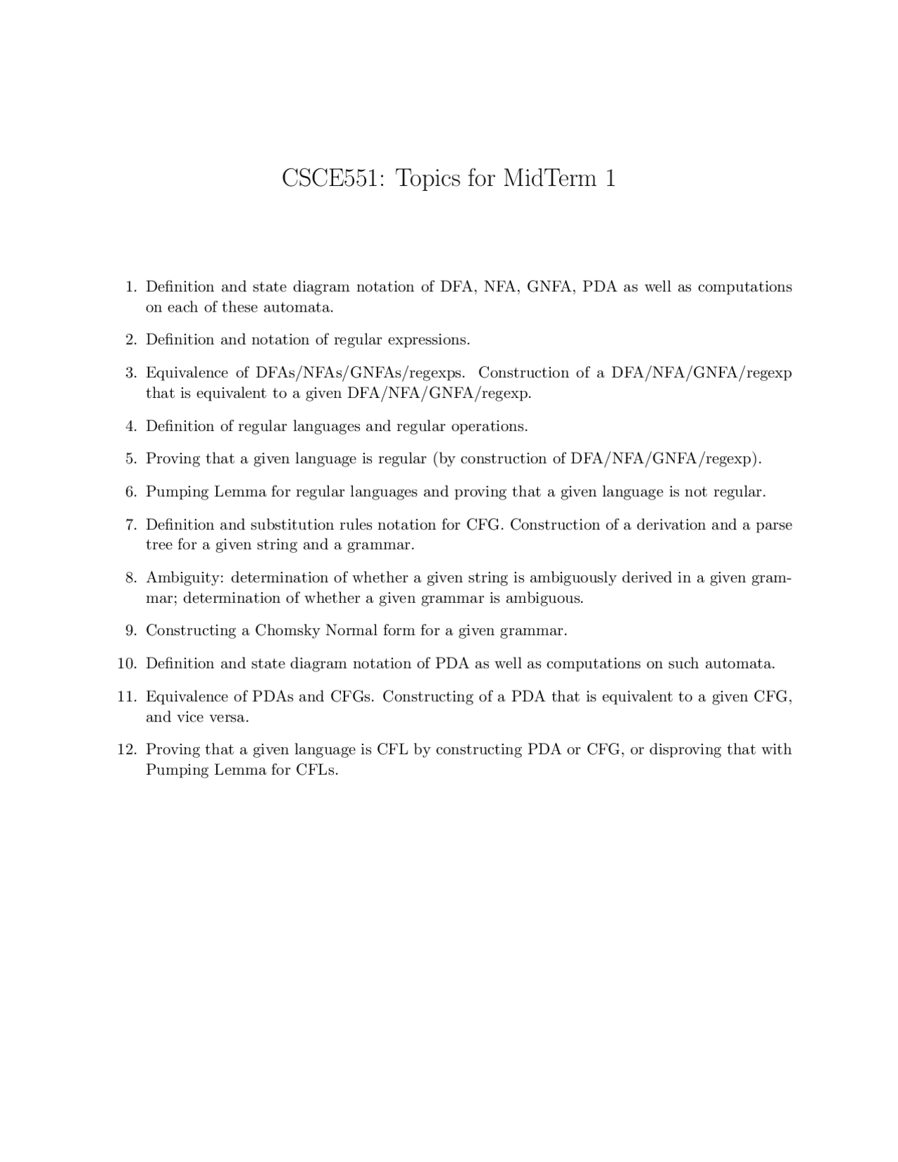 Midterm 1 Review Theory Of Computation Csce 551 Docsity