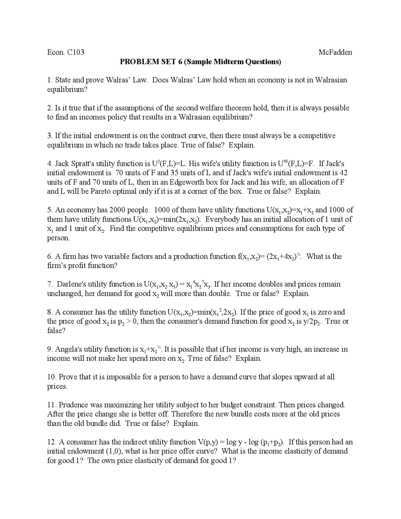 Sample Midterm Questions Introduction To Mathematical Economics