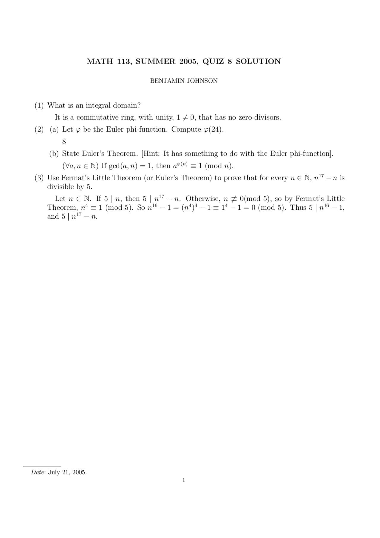 Introduction To Abstract Algebra Quiz 8 With Answers Math 113 Docsity