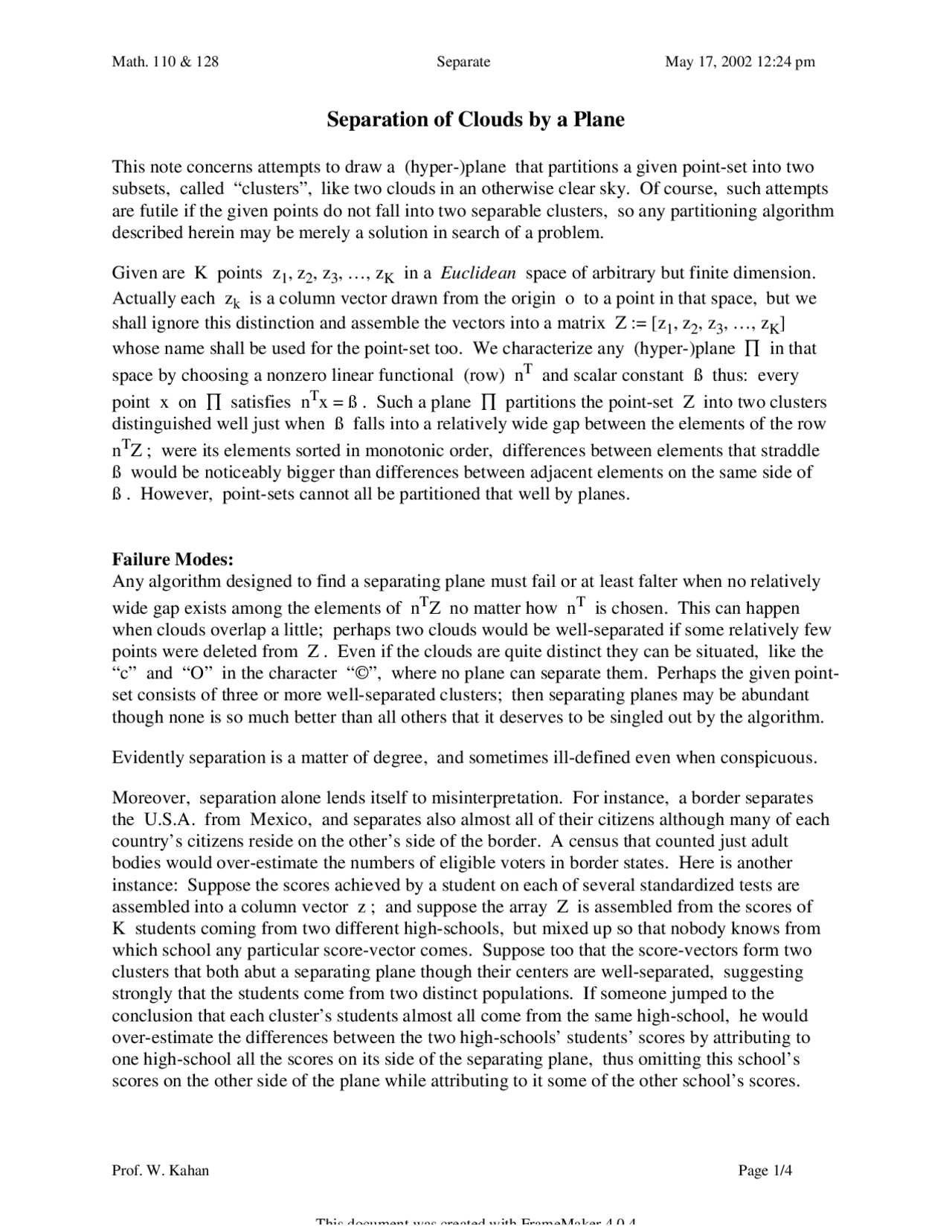 Separation of Clouds by Plane - Lecture Notes | MATH 110 - Docsity