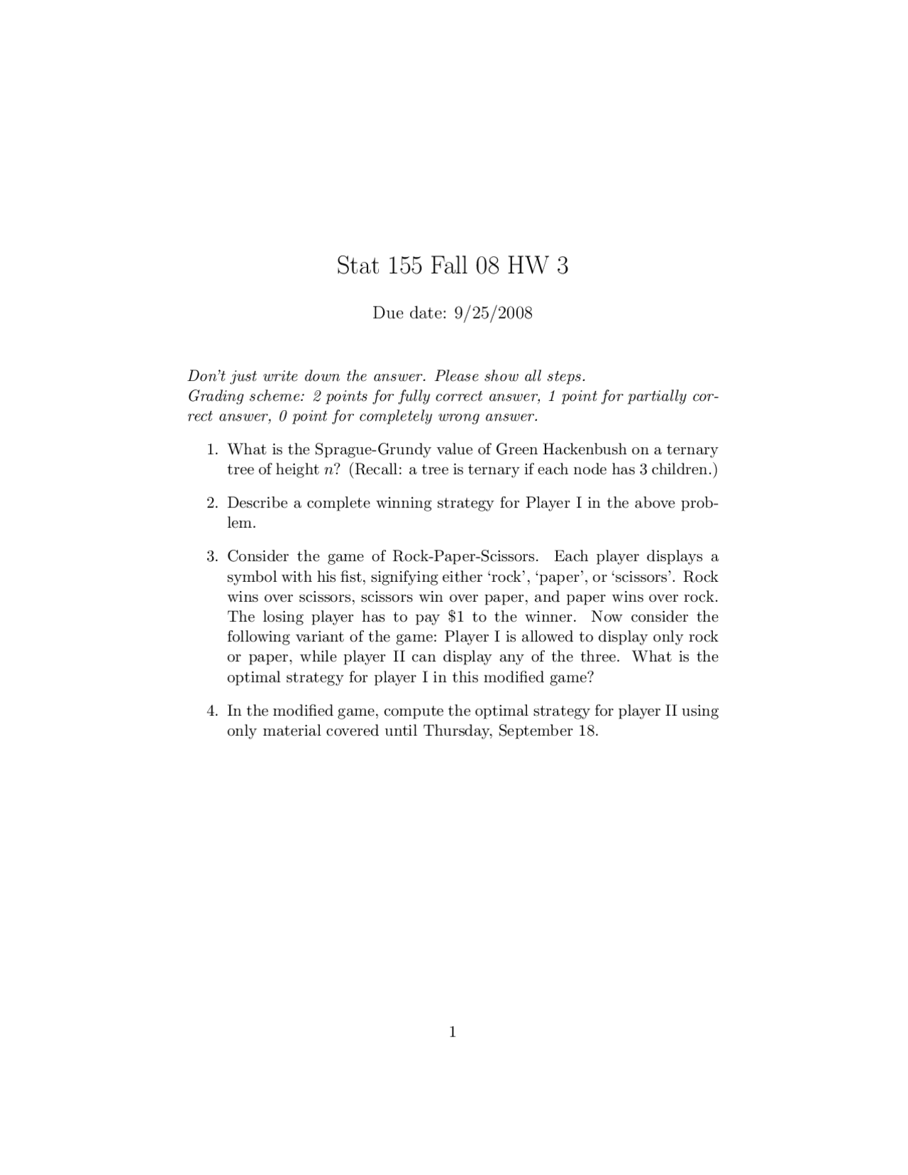 Game Theory Homework 3 Questions Stat 155 Docsity