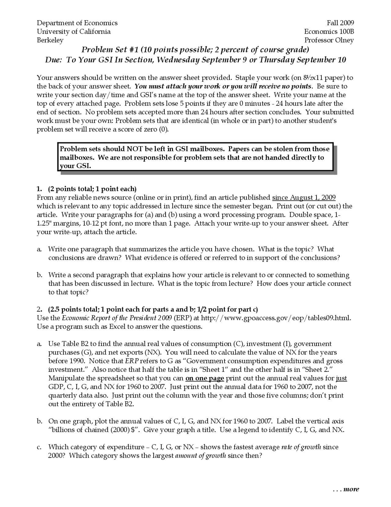 Problem Set 1 For Macroeconomic Analysis Fall 2009 Econ 100b Docsity