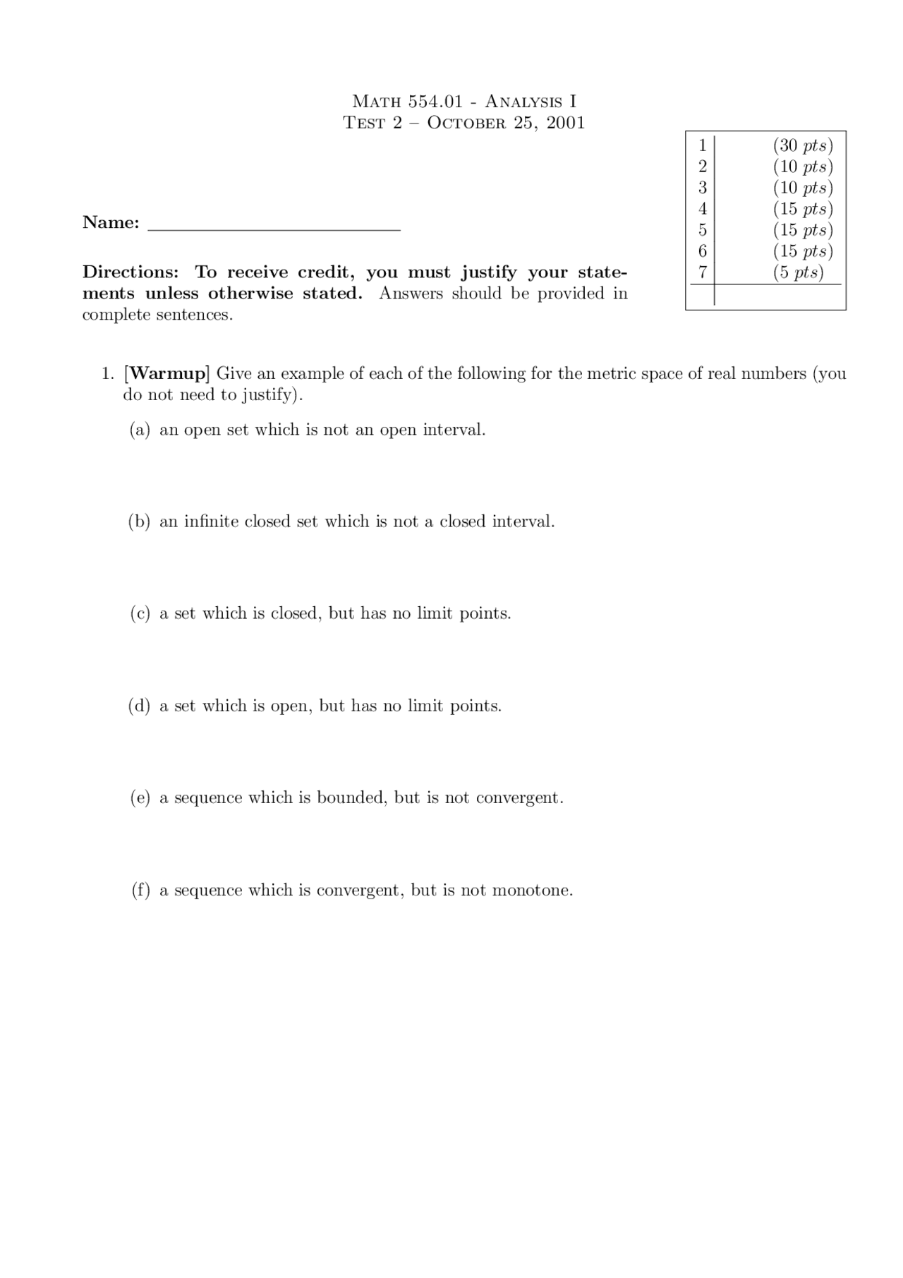 7 Questions For Exam 2 Analysis I Math 554 Docsity