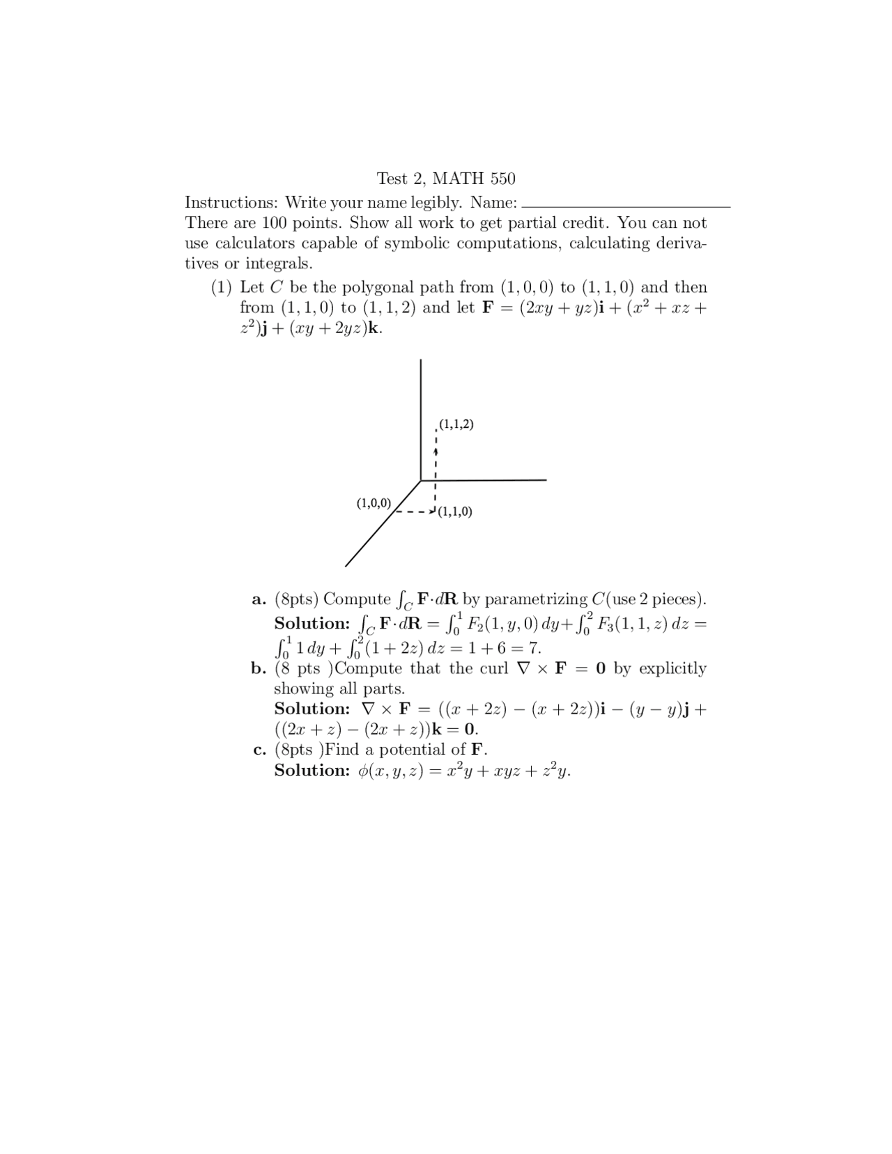 Vector Analysis Solutions For Test 2 Math 550 Docsity