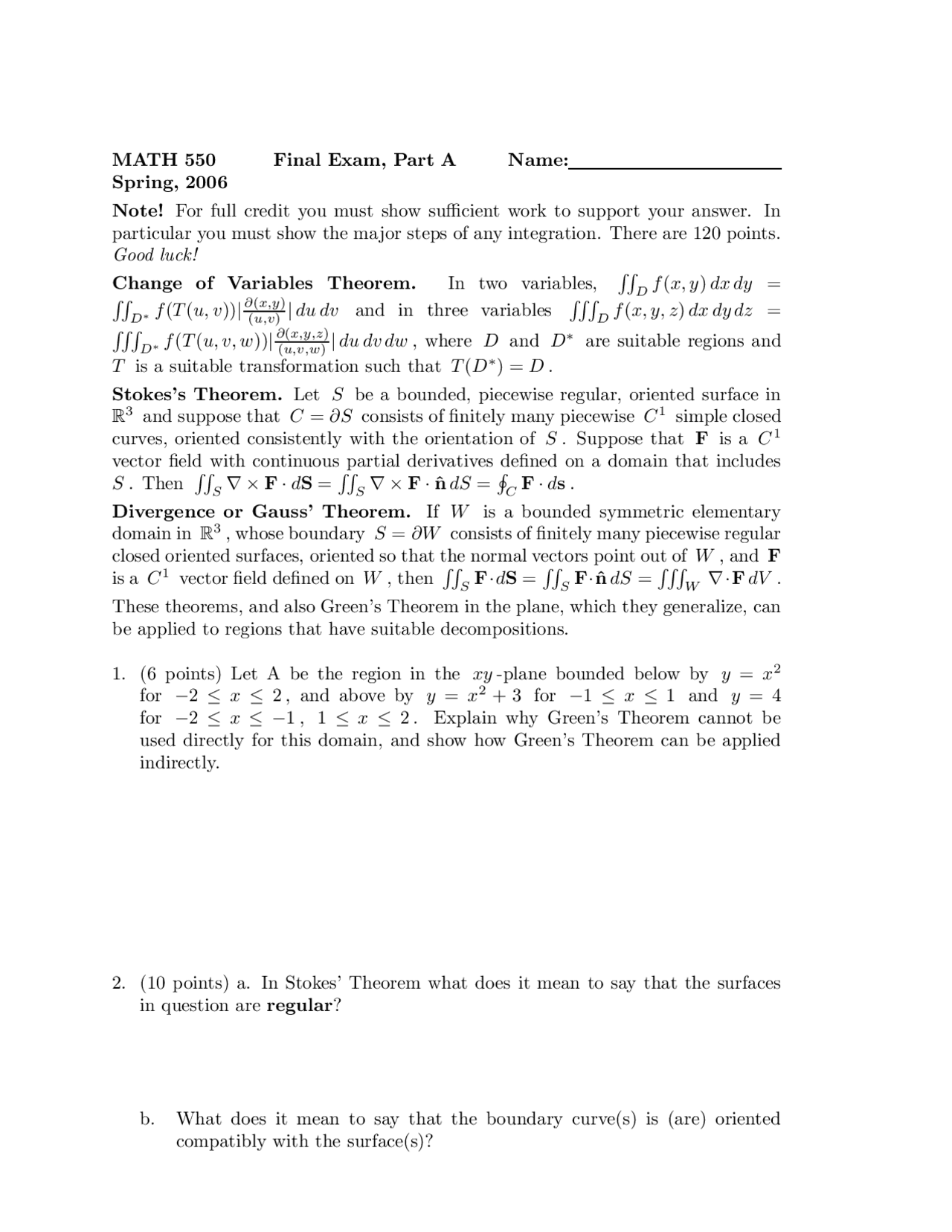 Vector Analysis - 9 Questions for Final Exam | MATH 550 - Docsity