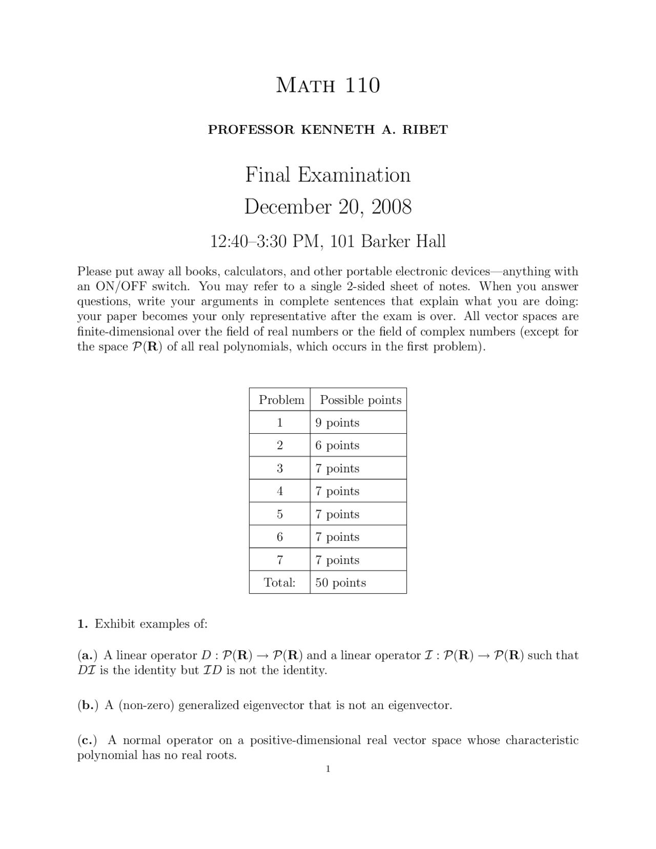 Final Examination Review - Linear Algebra | MATH 110 - Docsity