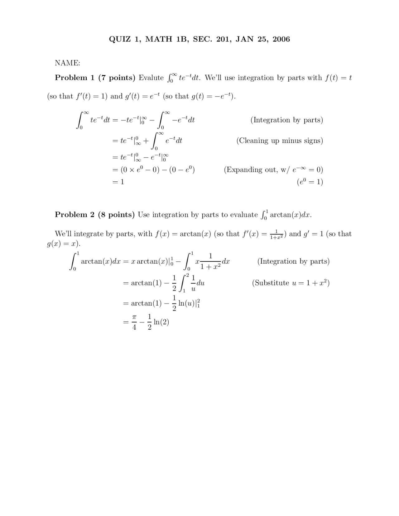 Evaluate Integration By Parts Quiz 1 With Solution Math 1b Docsity