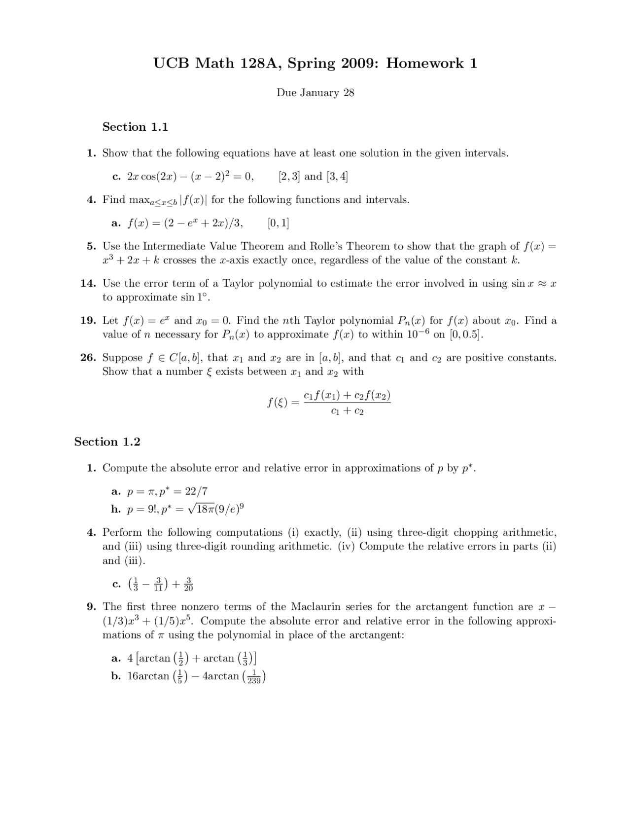 Homework 1 Numerical Analysis Spring 2009 Math 128a Docsity