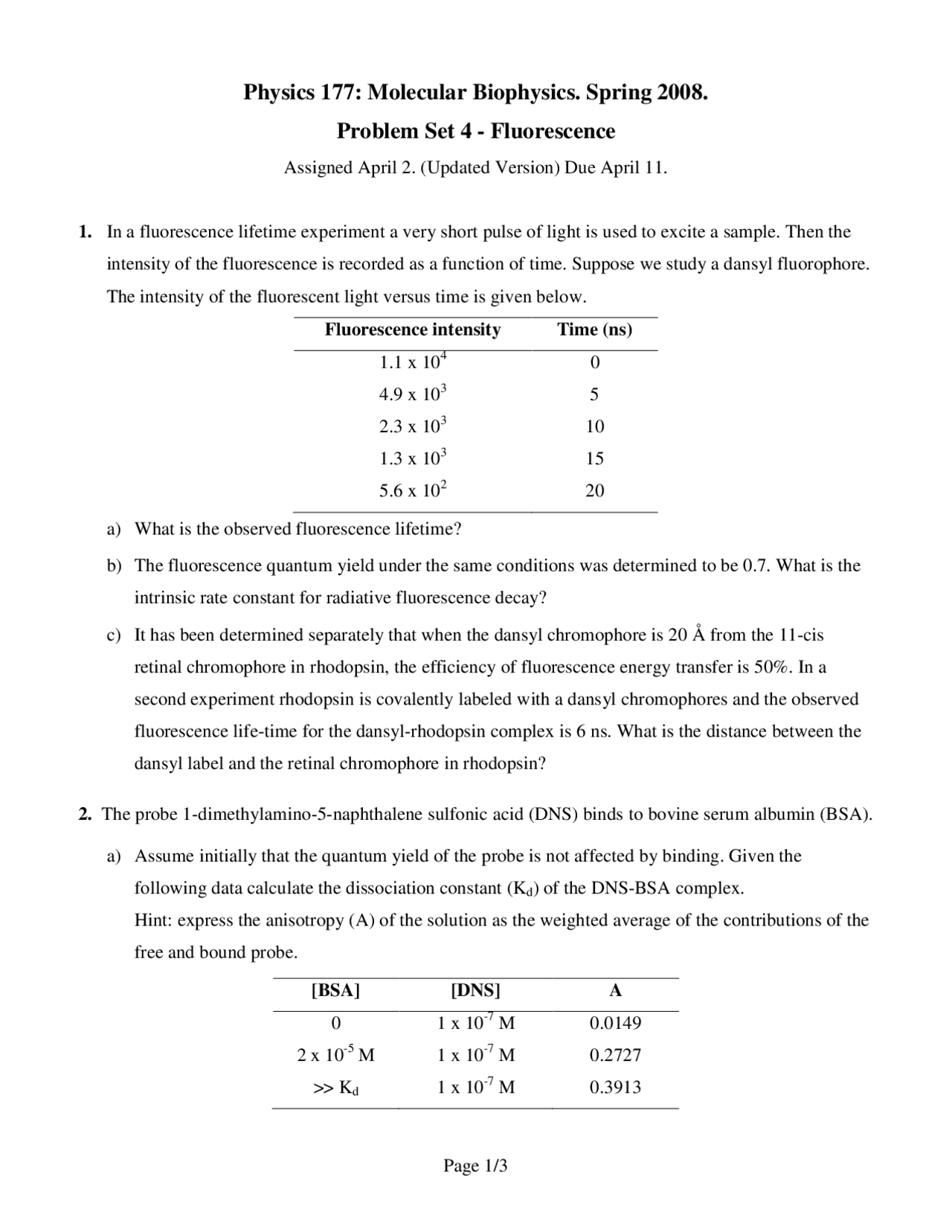 4 Problems Assignment 4 Molecular Biology Physics 177 Docsity