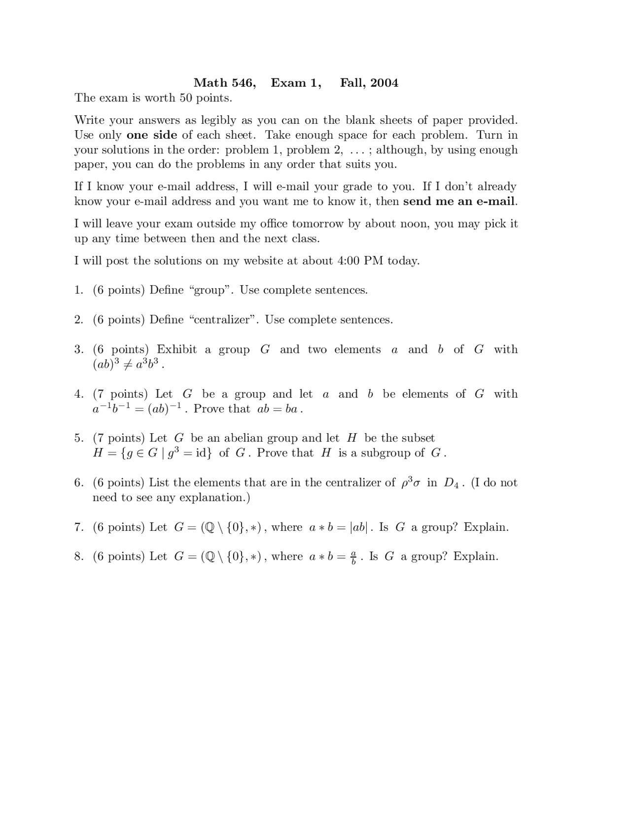 8 Questions On Algebraic Structures I Exam 1 Math 546 Docsity