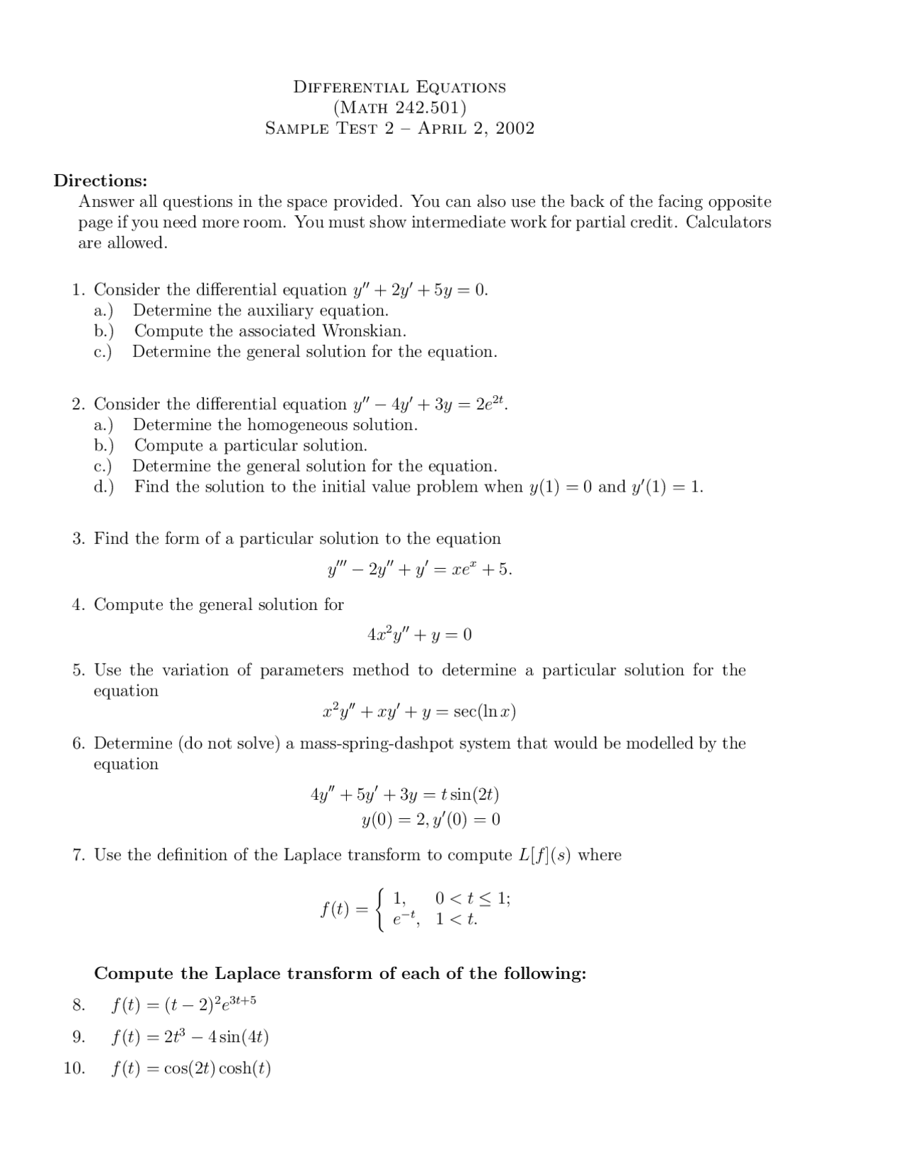 Elementary Differential Equations Solutions
