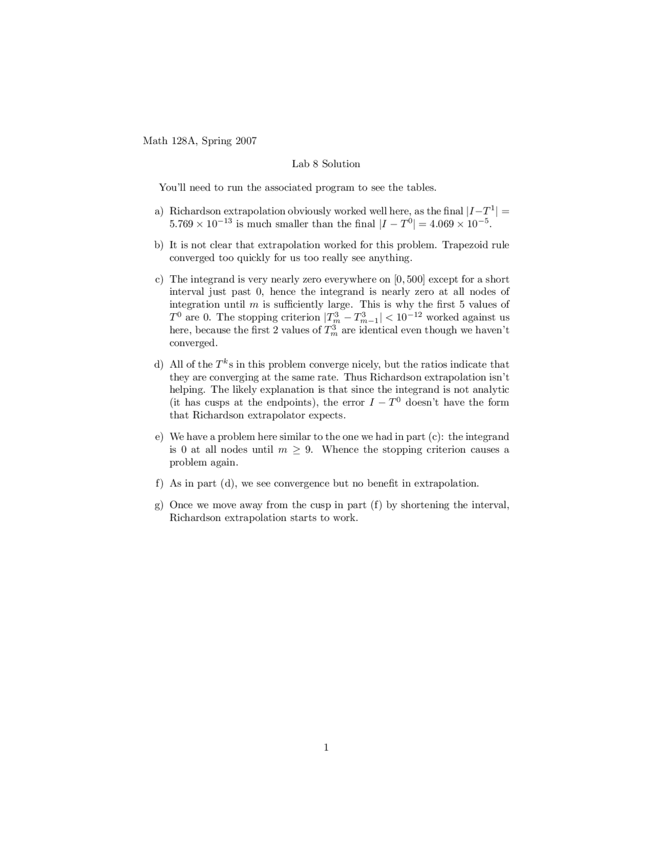 Lab 8 Solutions For Numerical Analysis Math 128a Docsity