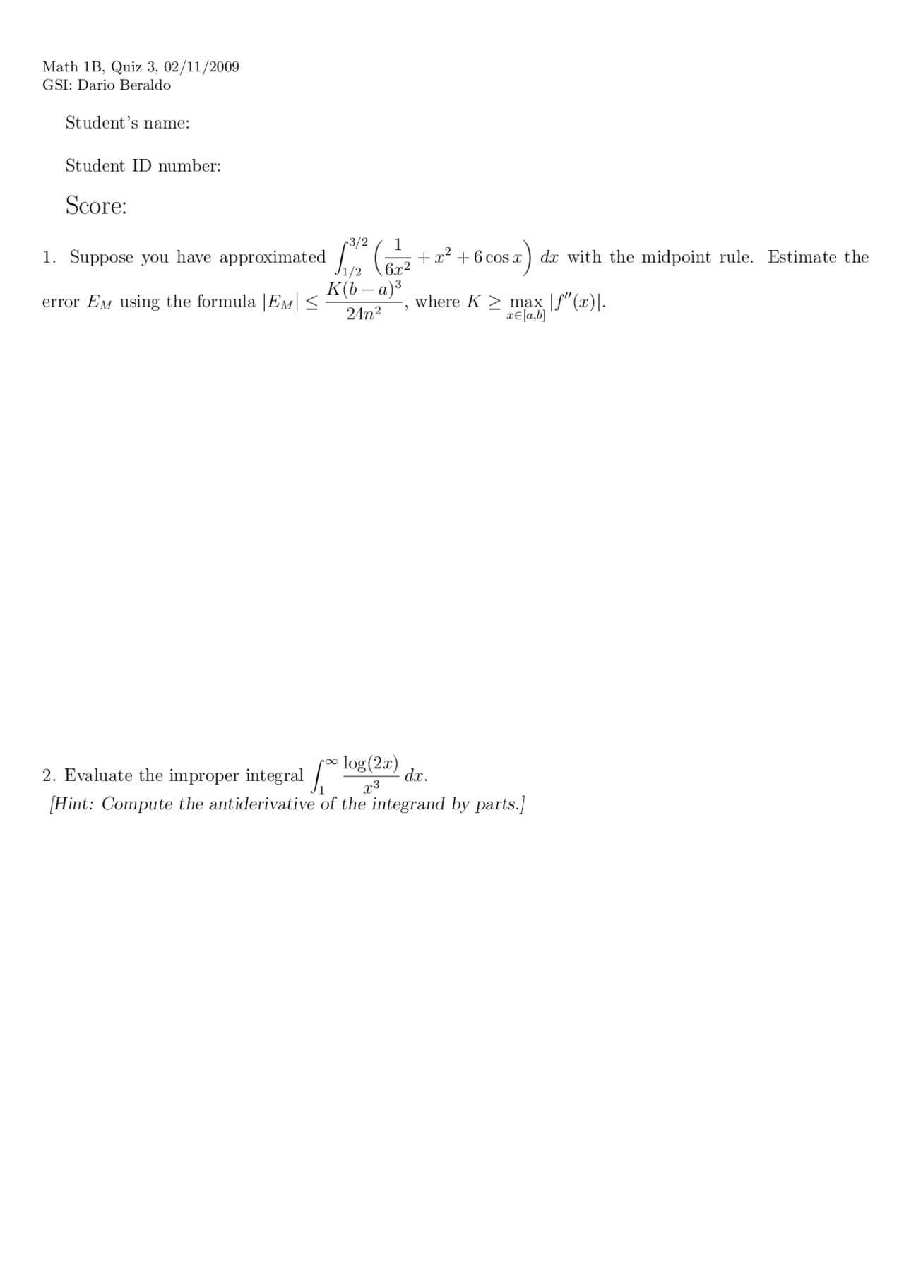 Quiz 3 Practice Problems on Calculus - Fall 2009 | MATH 1B - Docsity