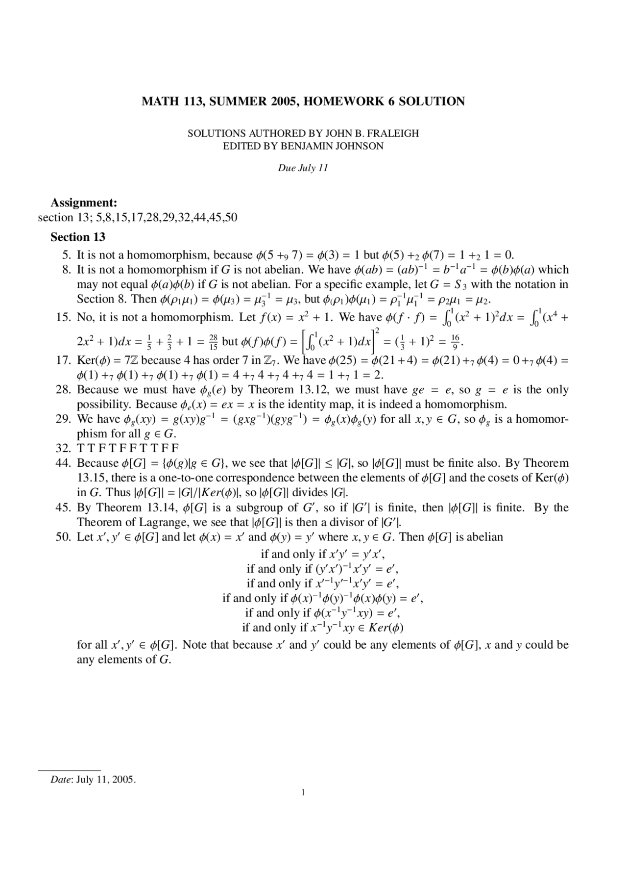 Solutions For Homework 6 Introduction To Abstract Algebra Math 113