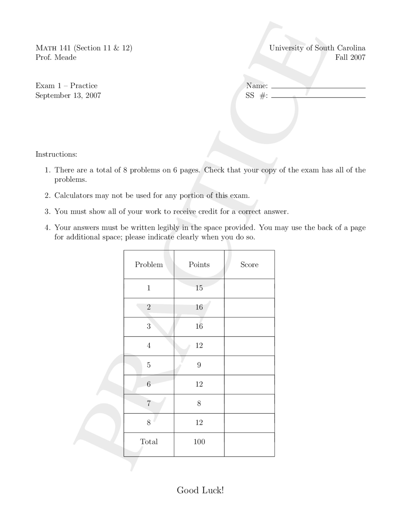 Practice Exam 1 Calculus I Fall 2007 Math 141 Docsity