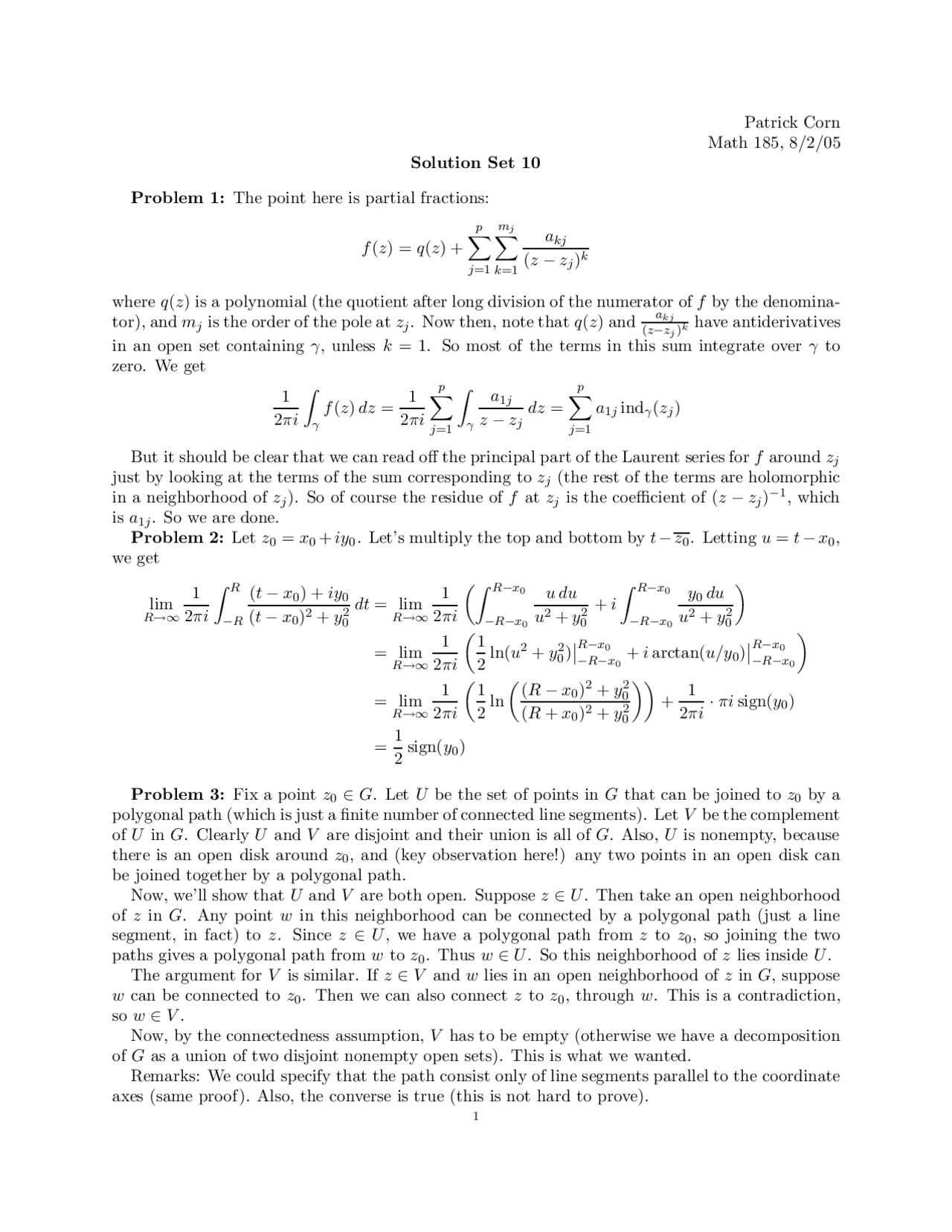 Introduction To Complex Analysis Solution Set 10 Math 185 Docsity