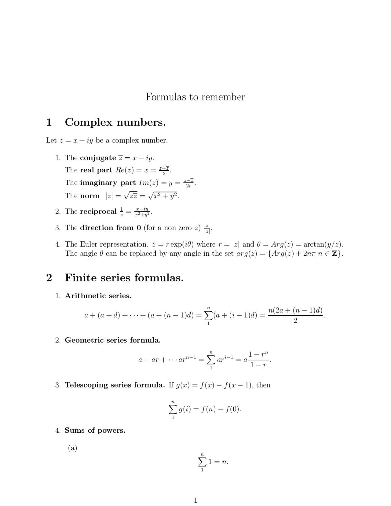 Complex Numbers, Finite Series Formulas, Power Series - Formulas | MA ...