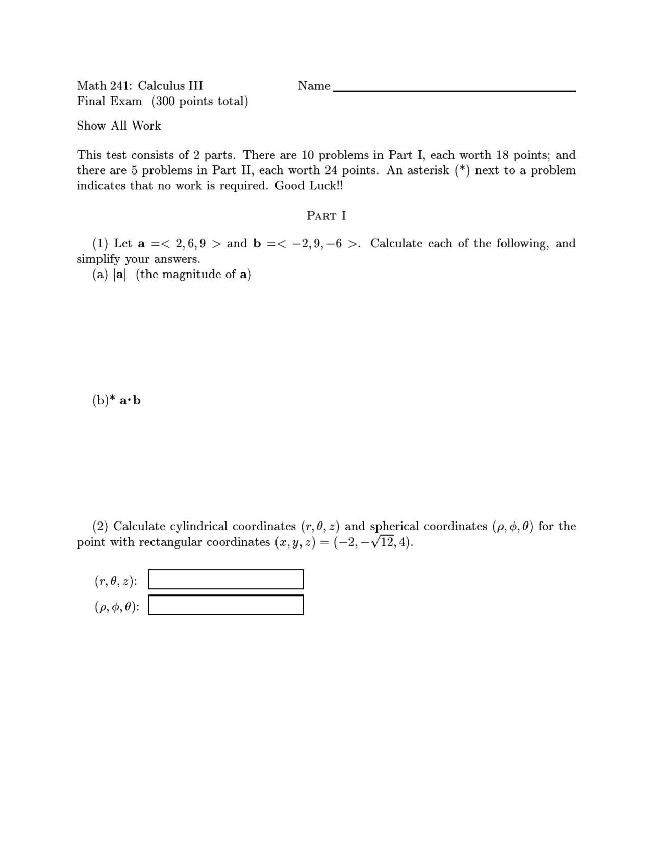 Final Exam Question Paper Vector Calculus Math 241 Docsity