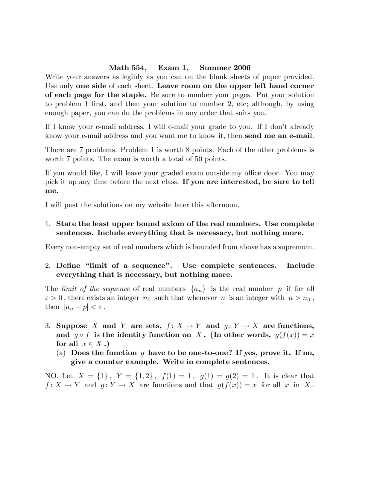 Exam 1 Questions For Analysis I Summer 2006 Math 554 Docsity
