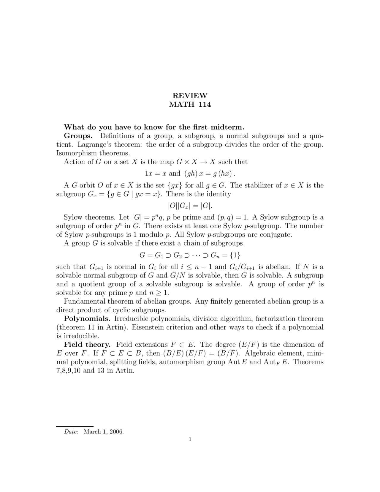Review Notes For First Midterm Abstract Algebra Math 114 Docsity