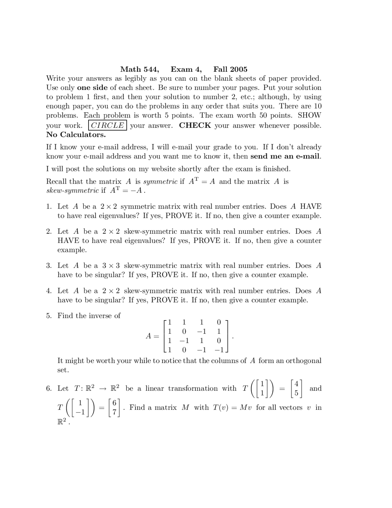 10 Questions on Exam 4 for Linear Algebra | MATH 544 | Exams Linear ...