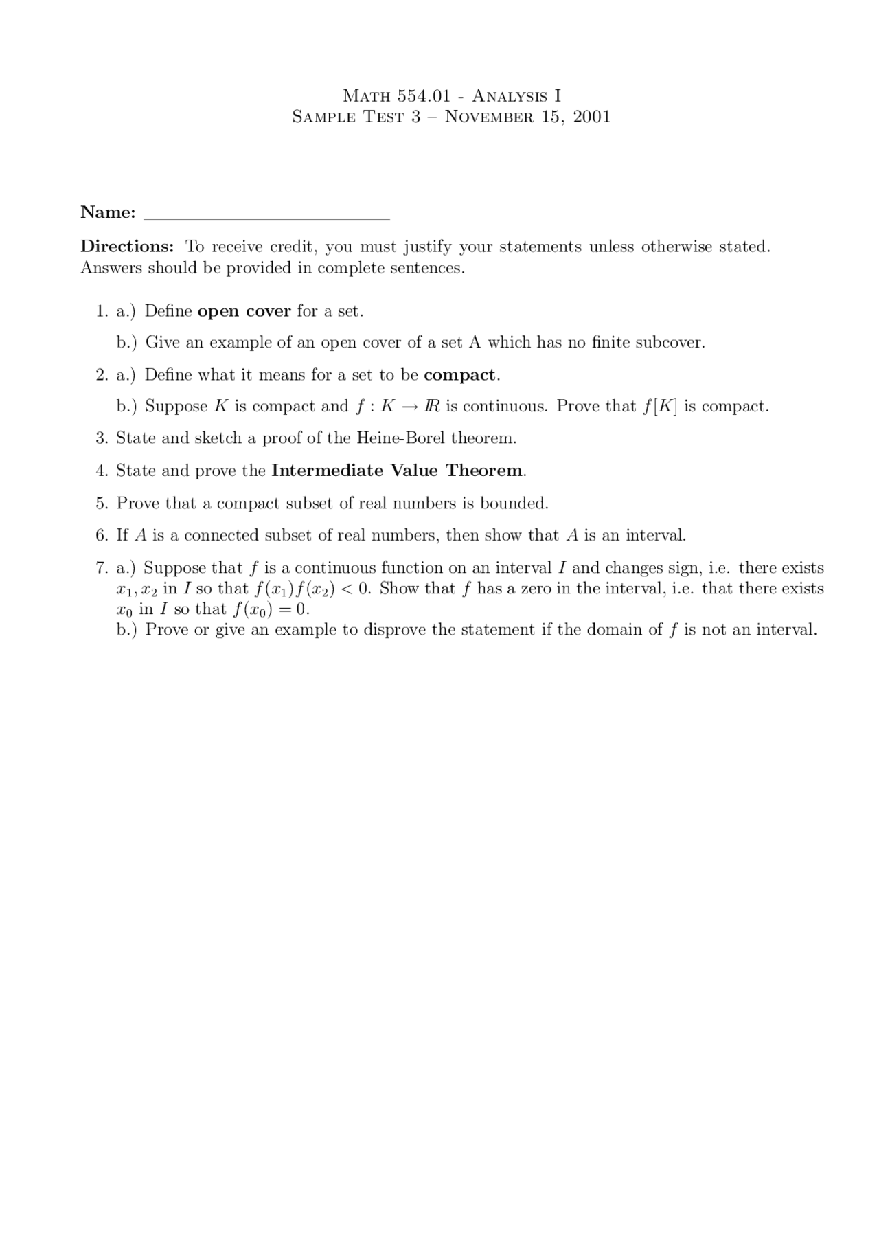 7 Questions On Analysis I Sample Test 3 Math 554 Docsity