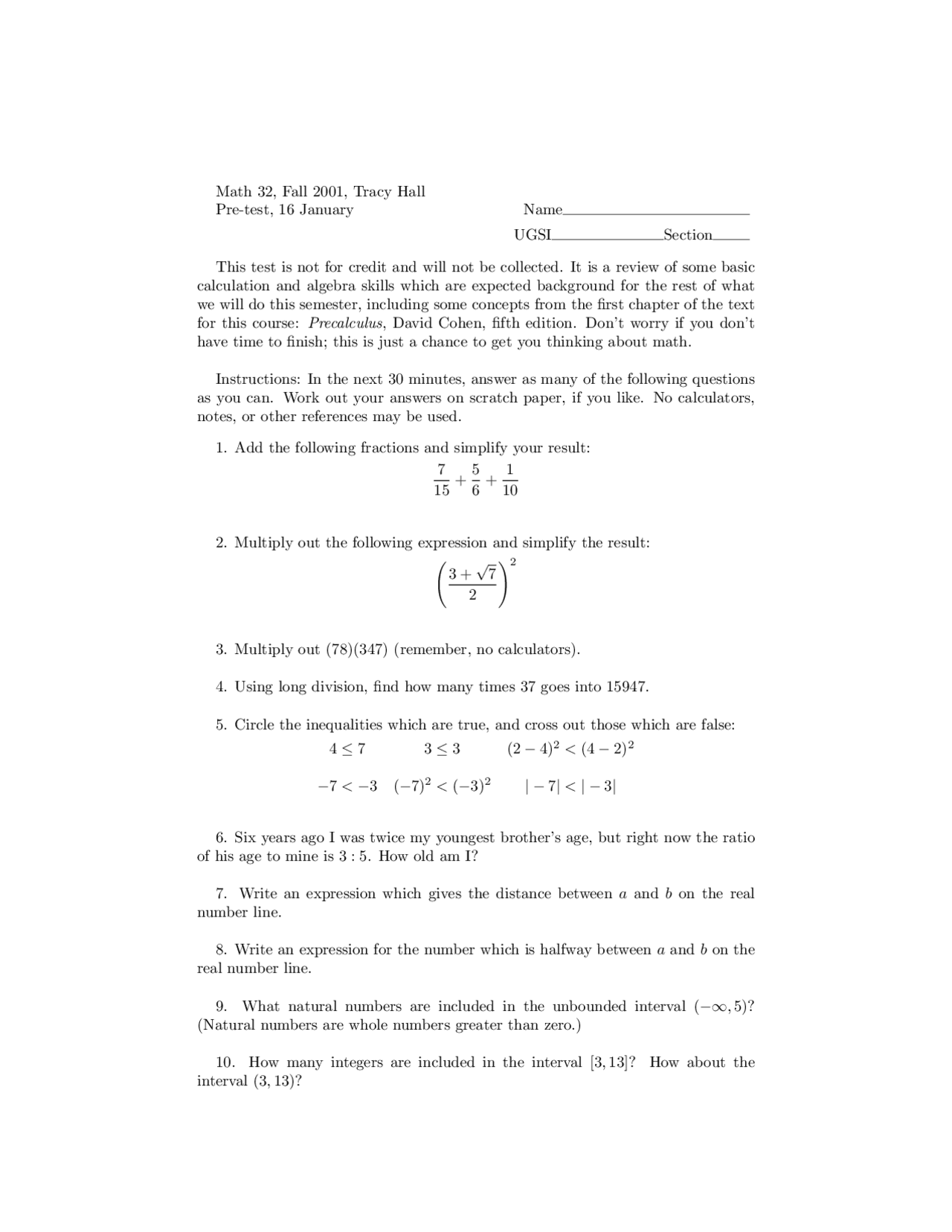 Pre-Test Practice - Precalculus - Fall 2001 | MATH 032 | Exams ...