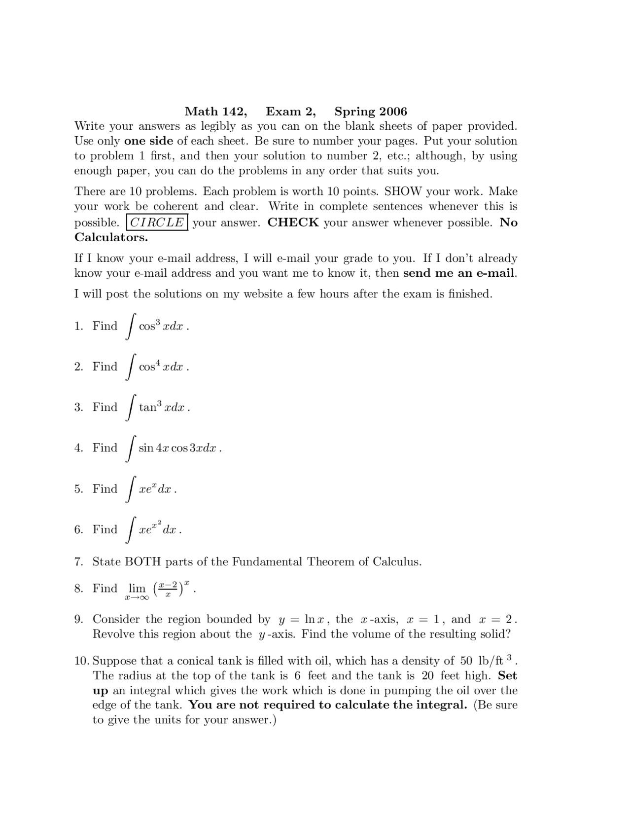 Final Exam 2 Questions for Calculus II | MATH 142 - Docsity