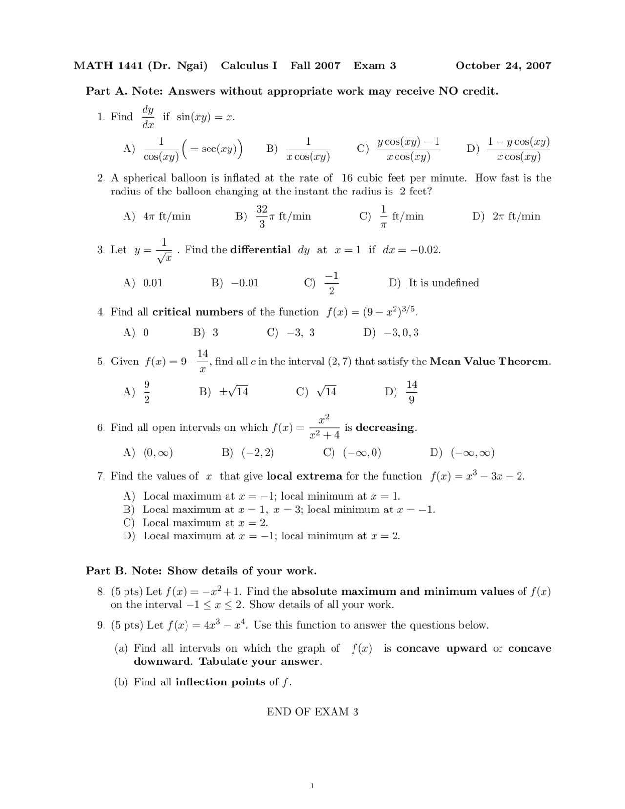 9 Questions Exam #3 - Calculus I | MATH 1441 - Docsity
