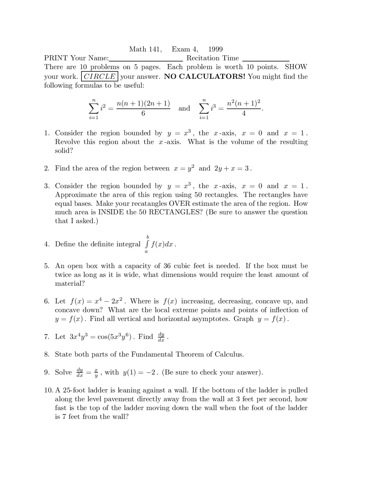 10 Problems Exam 4 - Calculus I | MATH 141 - Docsity