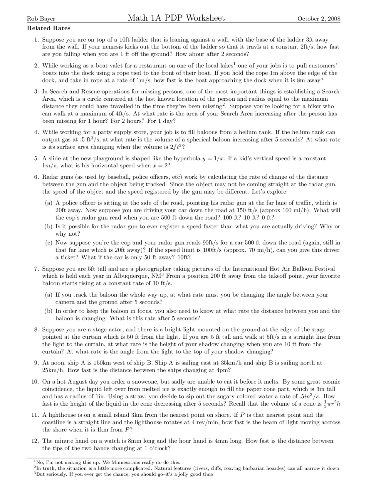 PDP Worksheet - 12 Practice Problems on Calculus | MATH 1A - Docsity