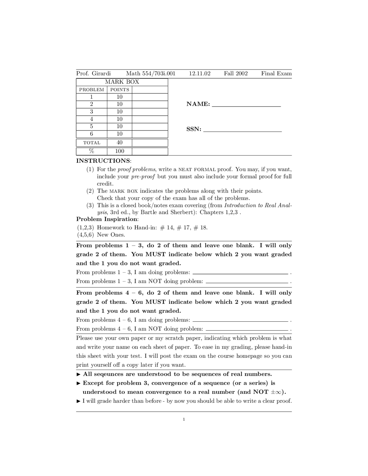 6 Problems To Find The Limits Final Exam Math 554 Docsity