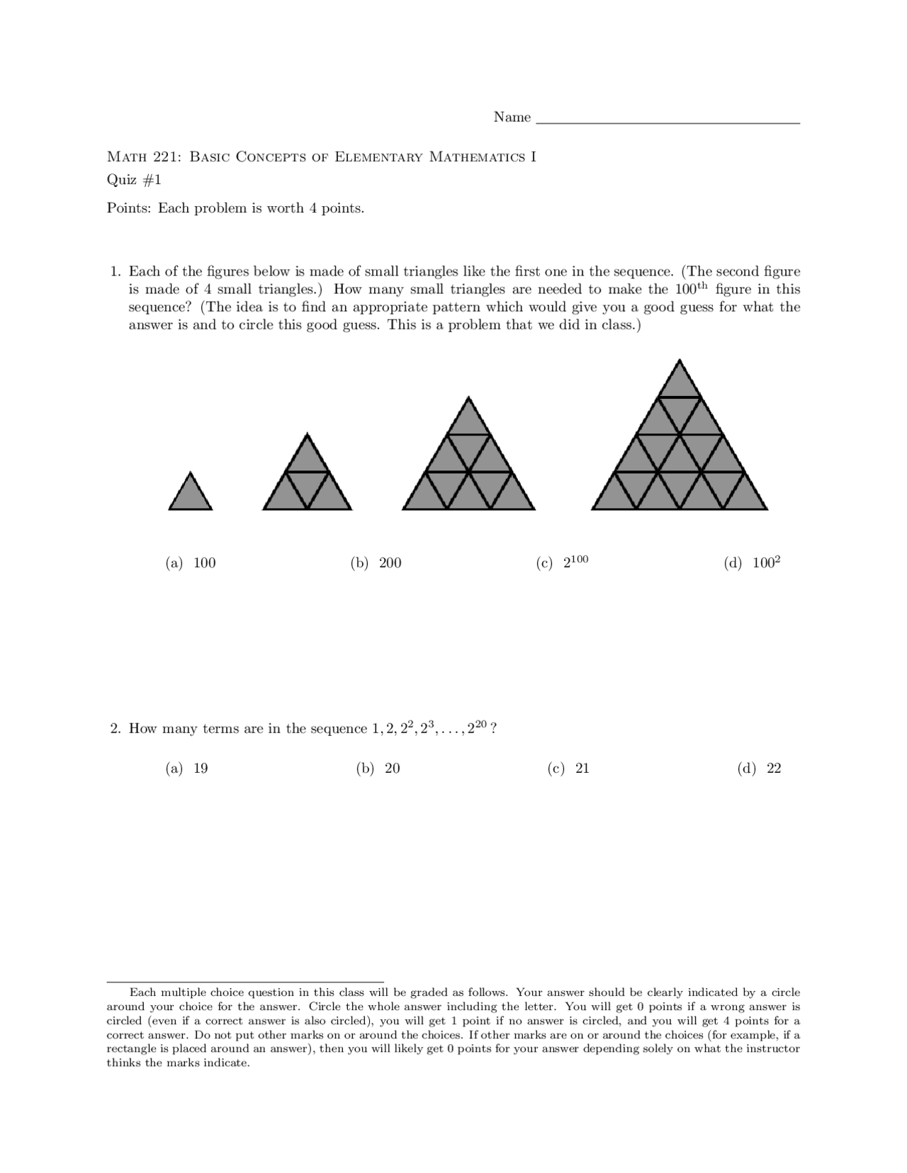 Quiz 1 For Basic Concepts Of Elementary Mathematics I Math 221 Docsity