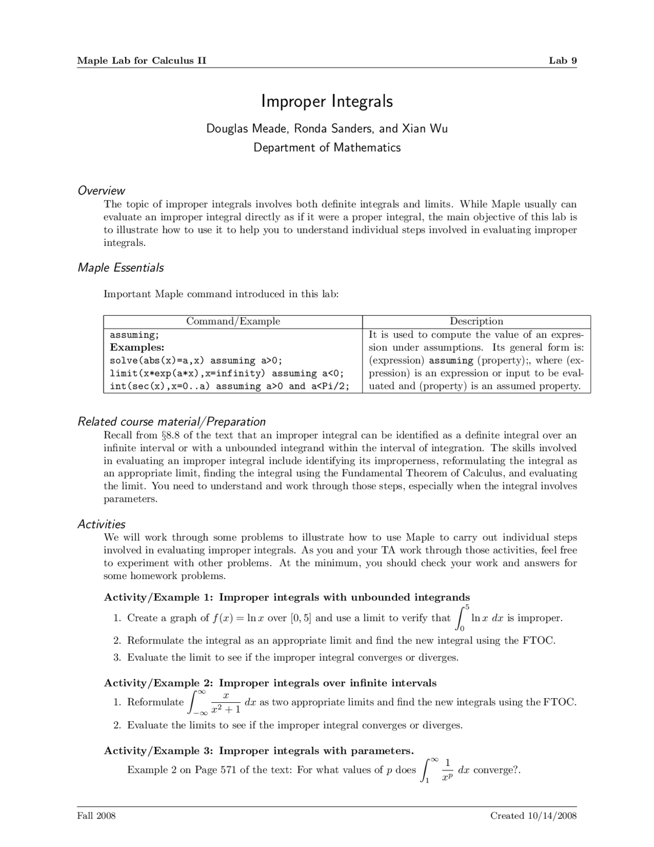 Improper Integrals Laboratory Math 142 Docsity