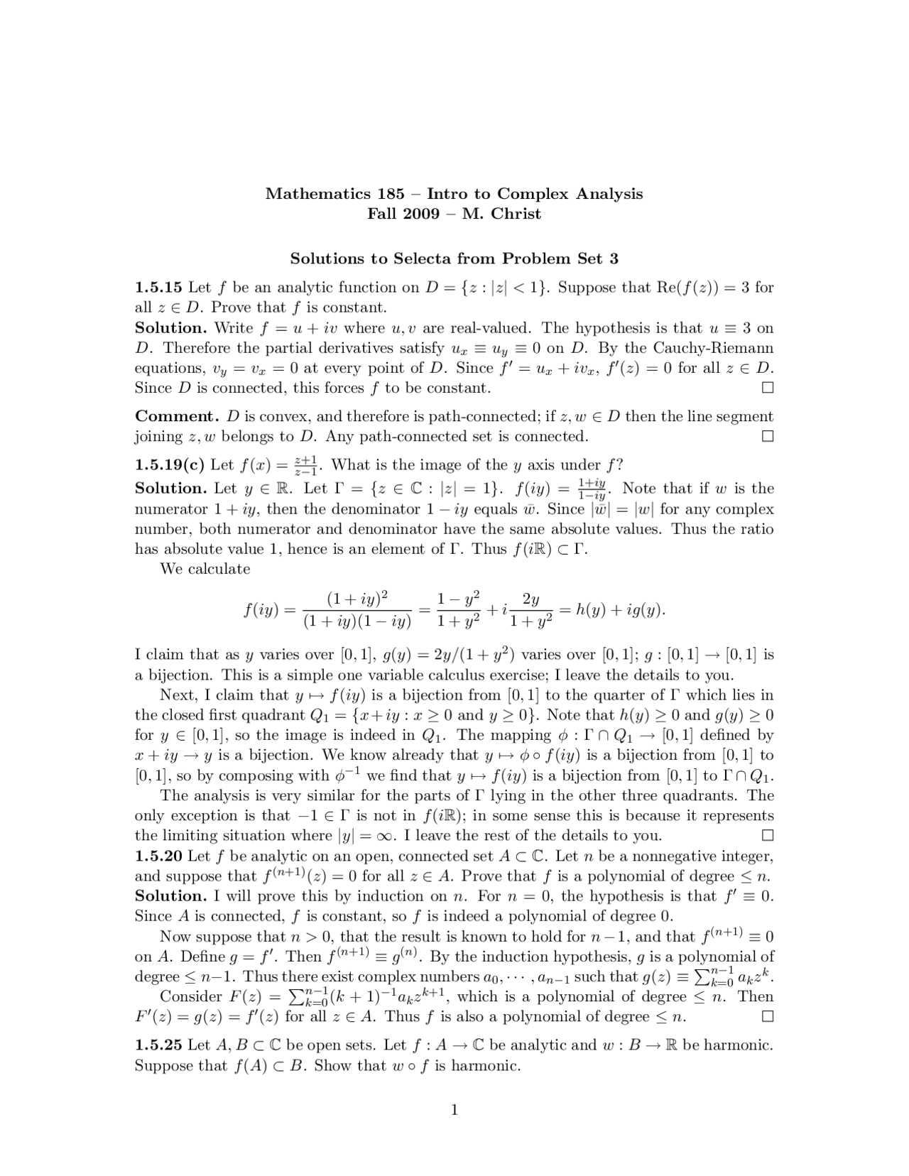Solutions To Selecta From Problem Set 3 Solution Set 8 Complex