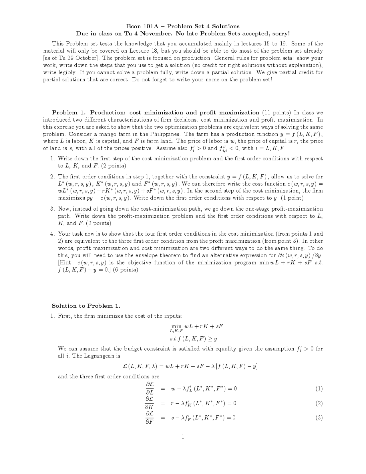 Solutions For Problem Set 4 Microeconomic Theory Econ 101a Docsity