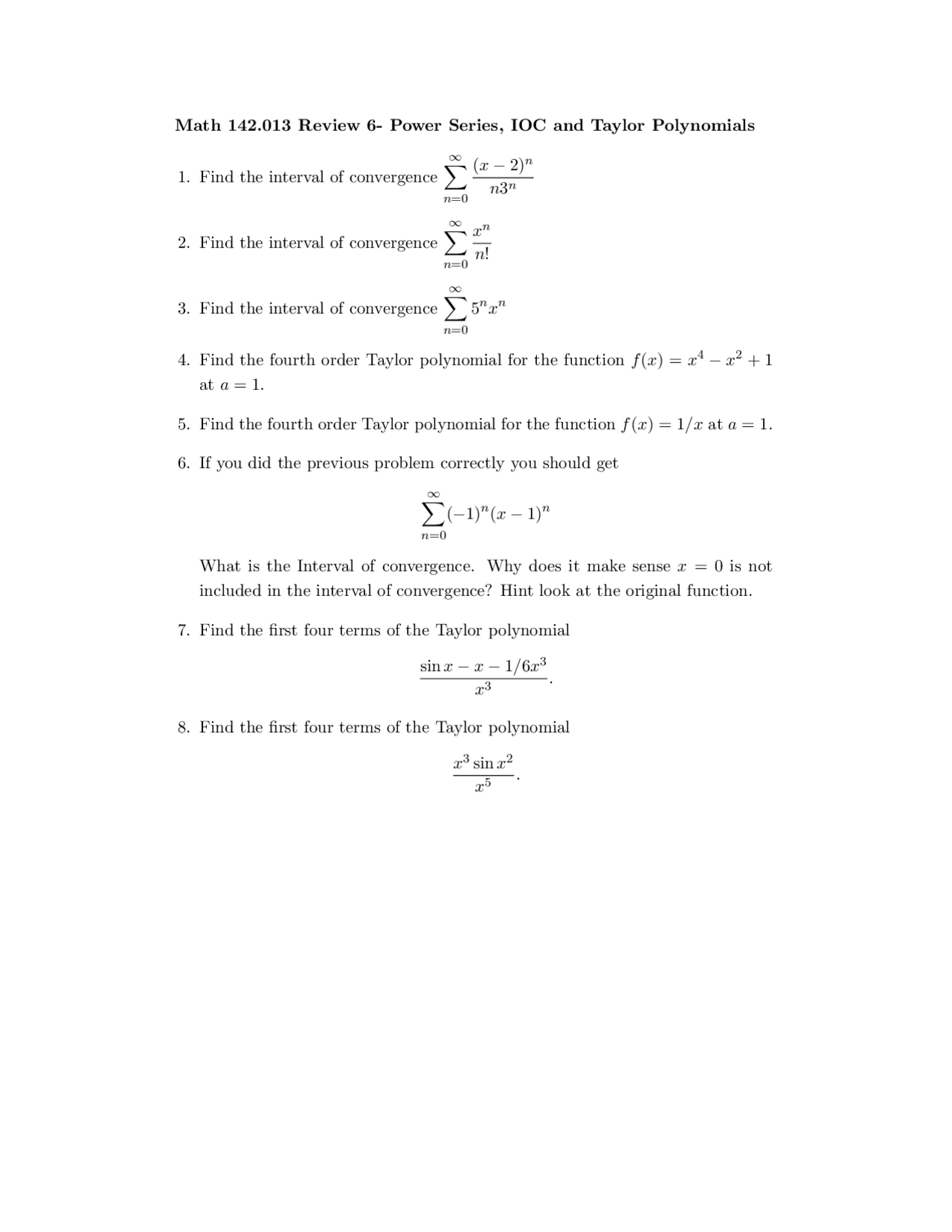 Power Series, IOC and Taylor Polynomials - Calculus II | MATH 142 - Docsity
