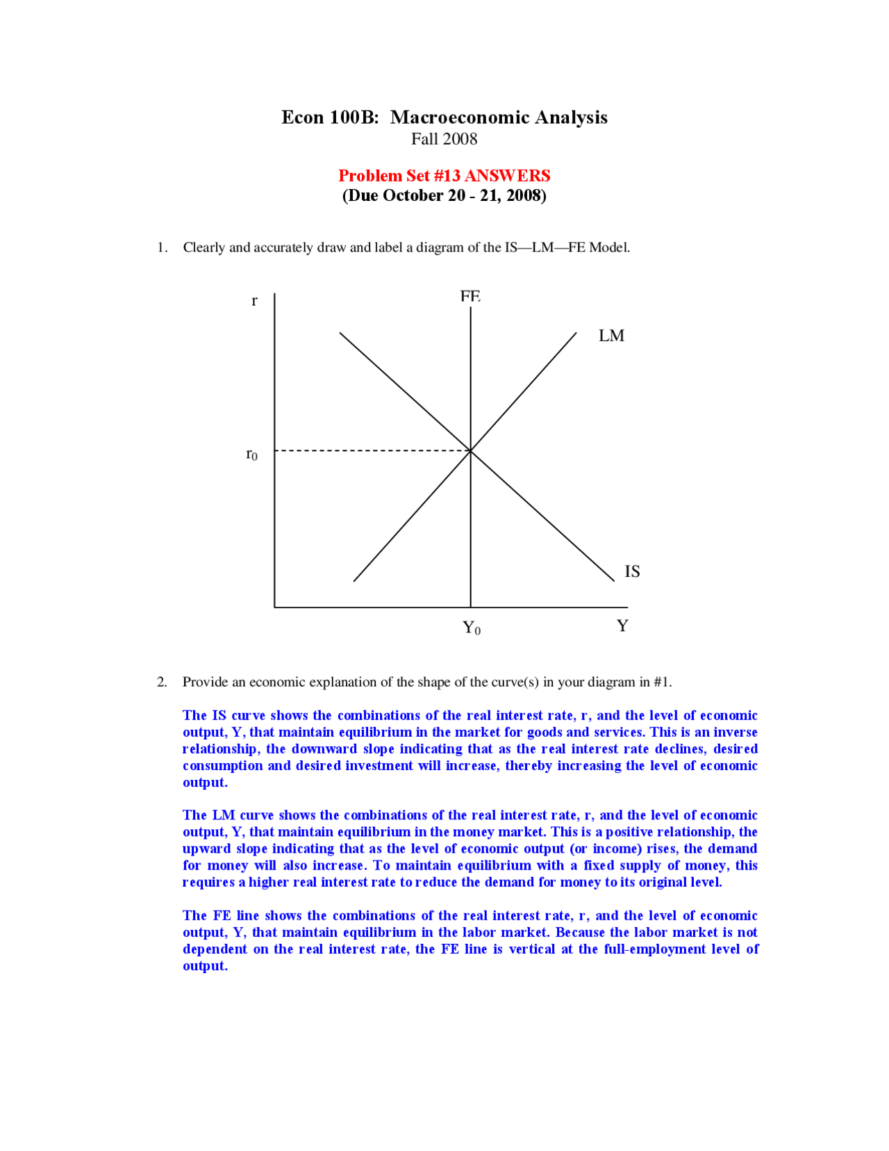 Macroeconomic Analysis Problem Set 13 With Answers Econ 100b Docsity