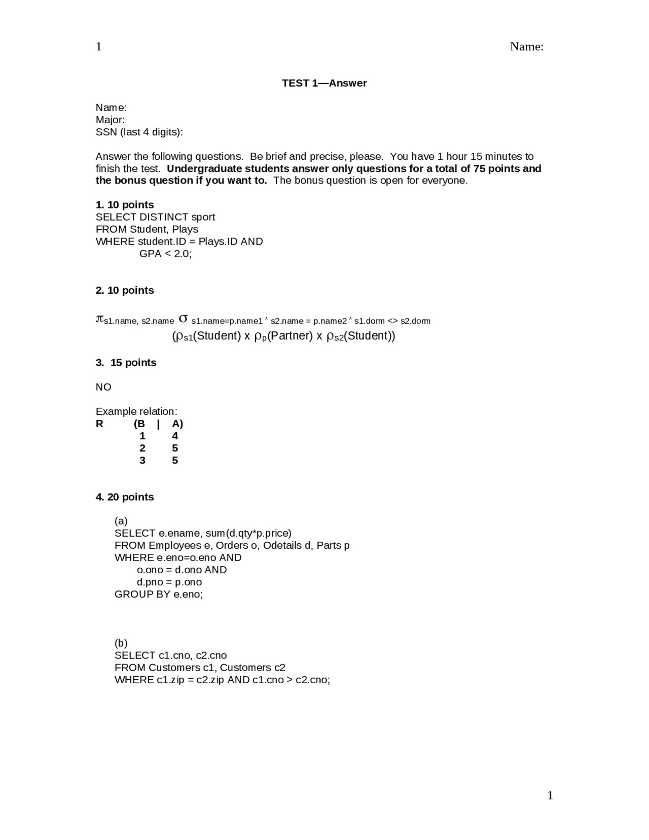 8 Questions on Database Systems Design - Examination 1 | CSCE 520 - Docsity